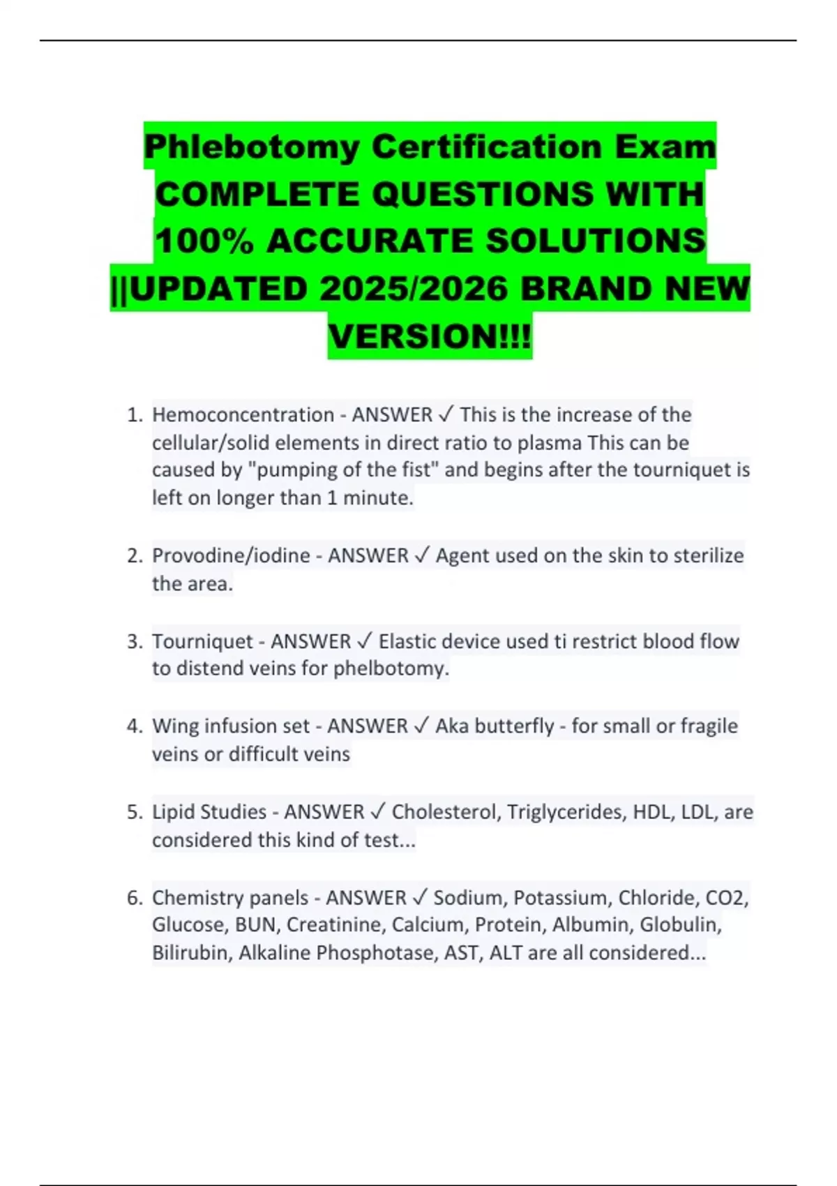 Phlebotomy Certification Exam COMPLETE QUESTIONS WITH 100% ACCURATE ...