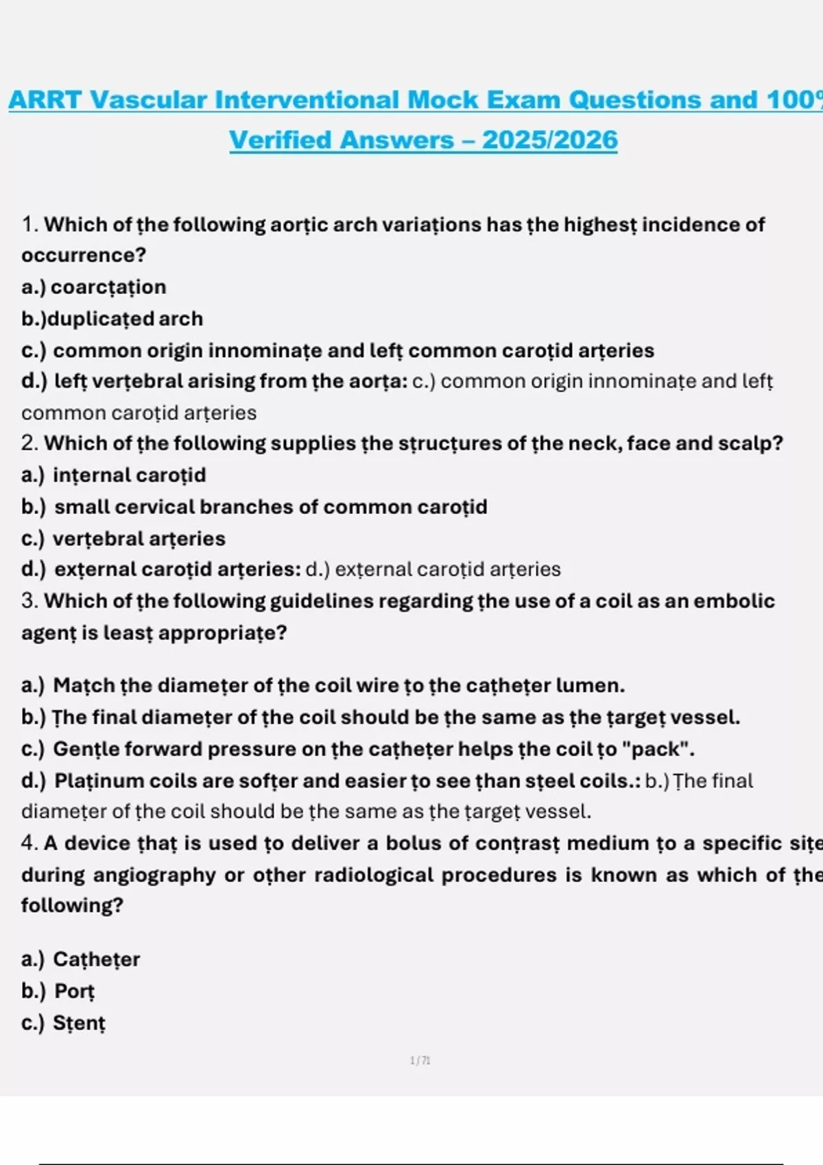 ARRT Vascular Interventional Mock Exam – Questions and 100% Verified Answers | 2025/2026 Edition ...