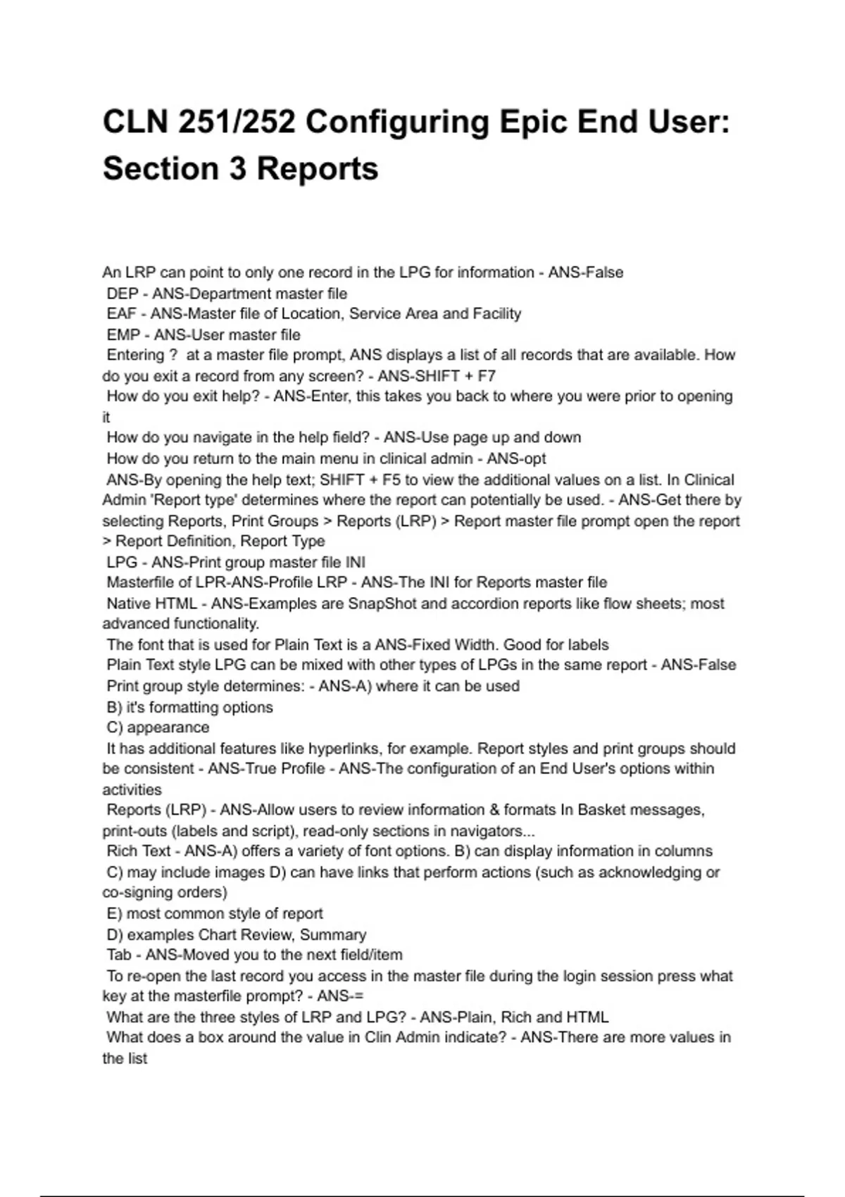 CLN 251/252 Configuring Epic End User: Section 3 Reports NEWEST 2025/ ...