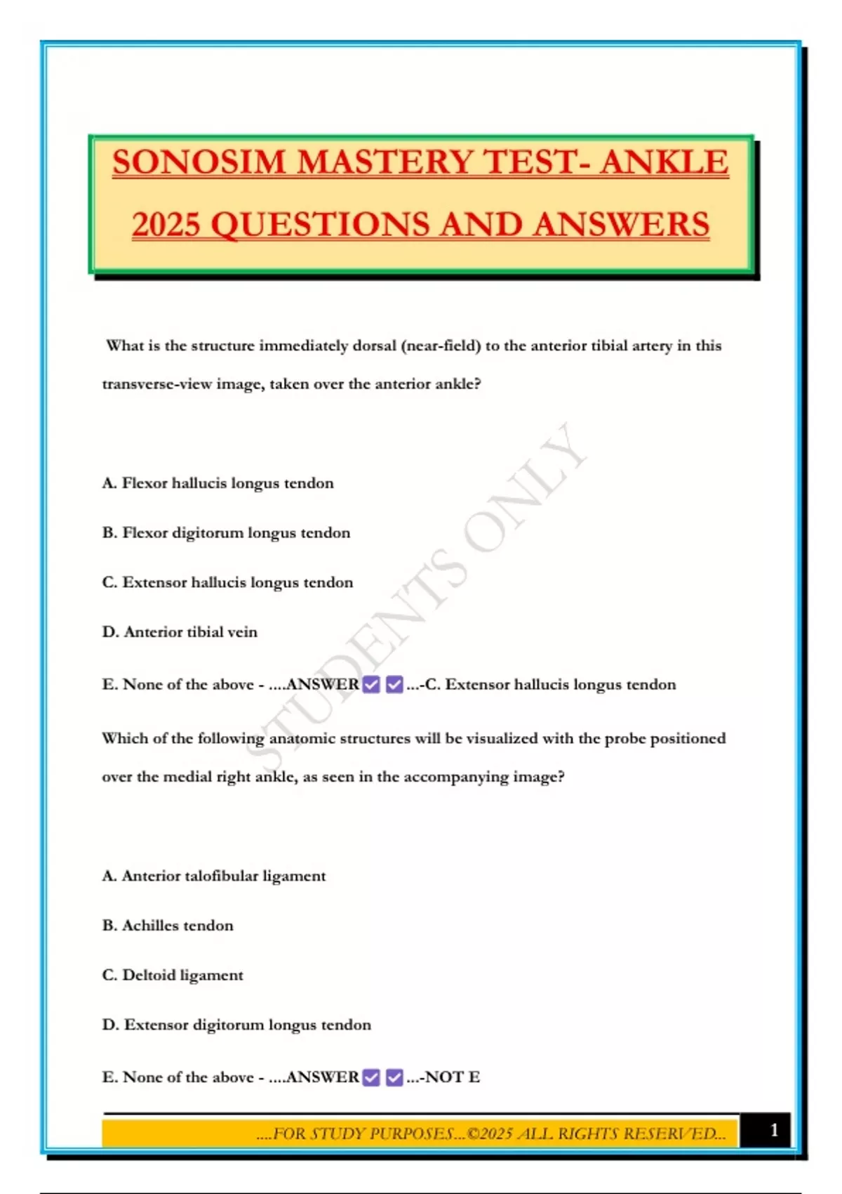 SONOSIM MASTERY TEST- ANKLE 2025 QUESTIONS AND ANSWERS - SONOSIM ...