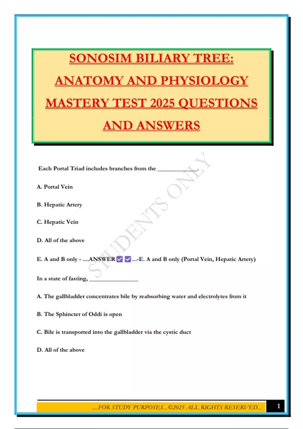 SONOSIM BILIARY TREE: ANATOMY AND PHYSIOLOGY MASTERY TEST 2025 ...