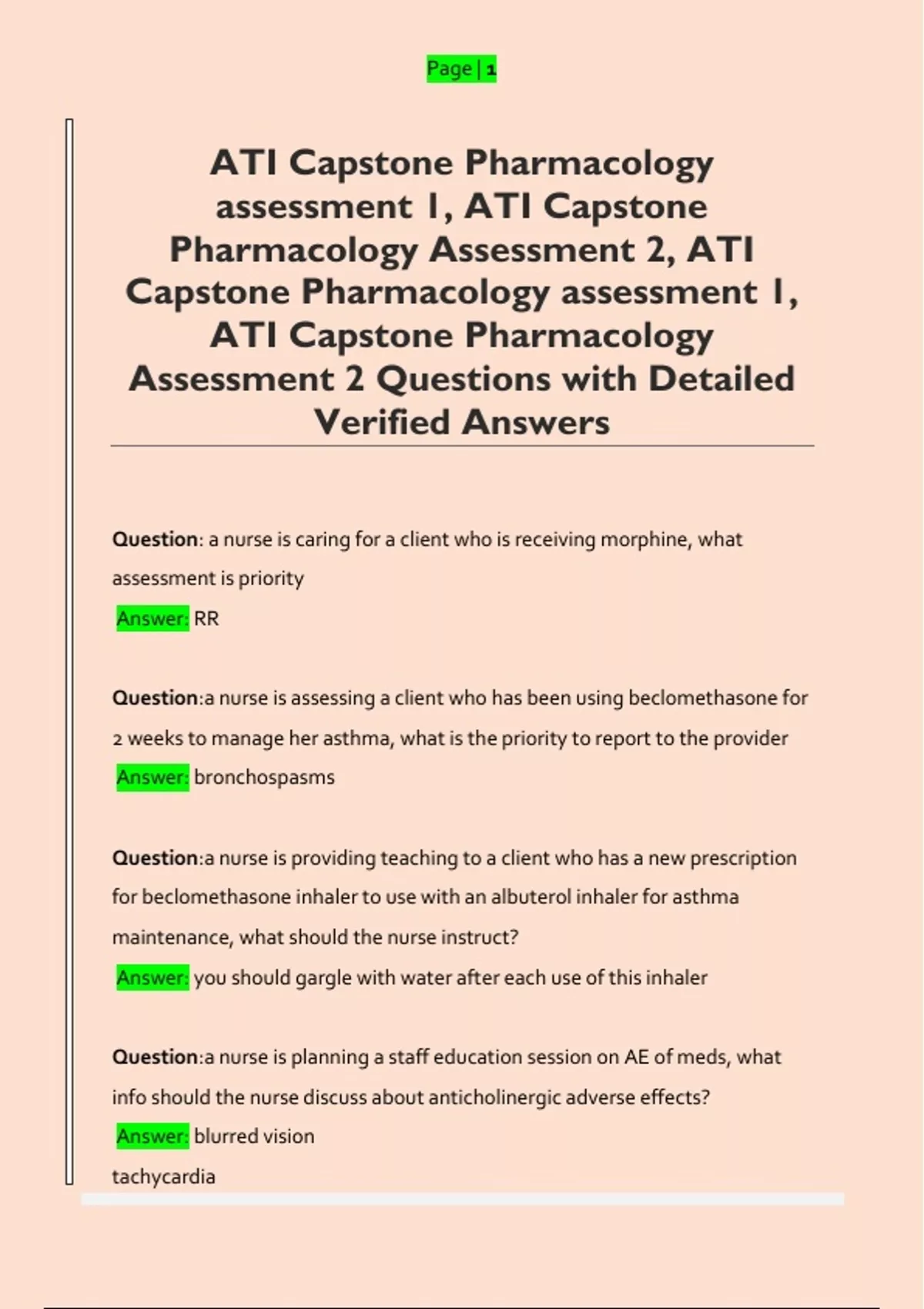 ATI Capstone Pharmacology assessment 1, ATI Capstone Pharmacology ...