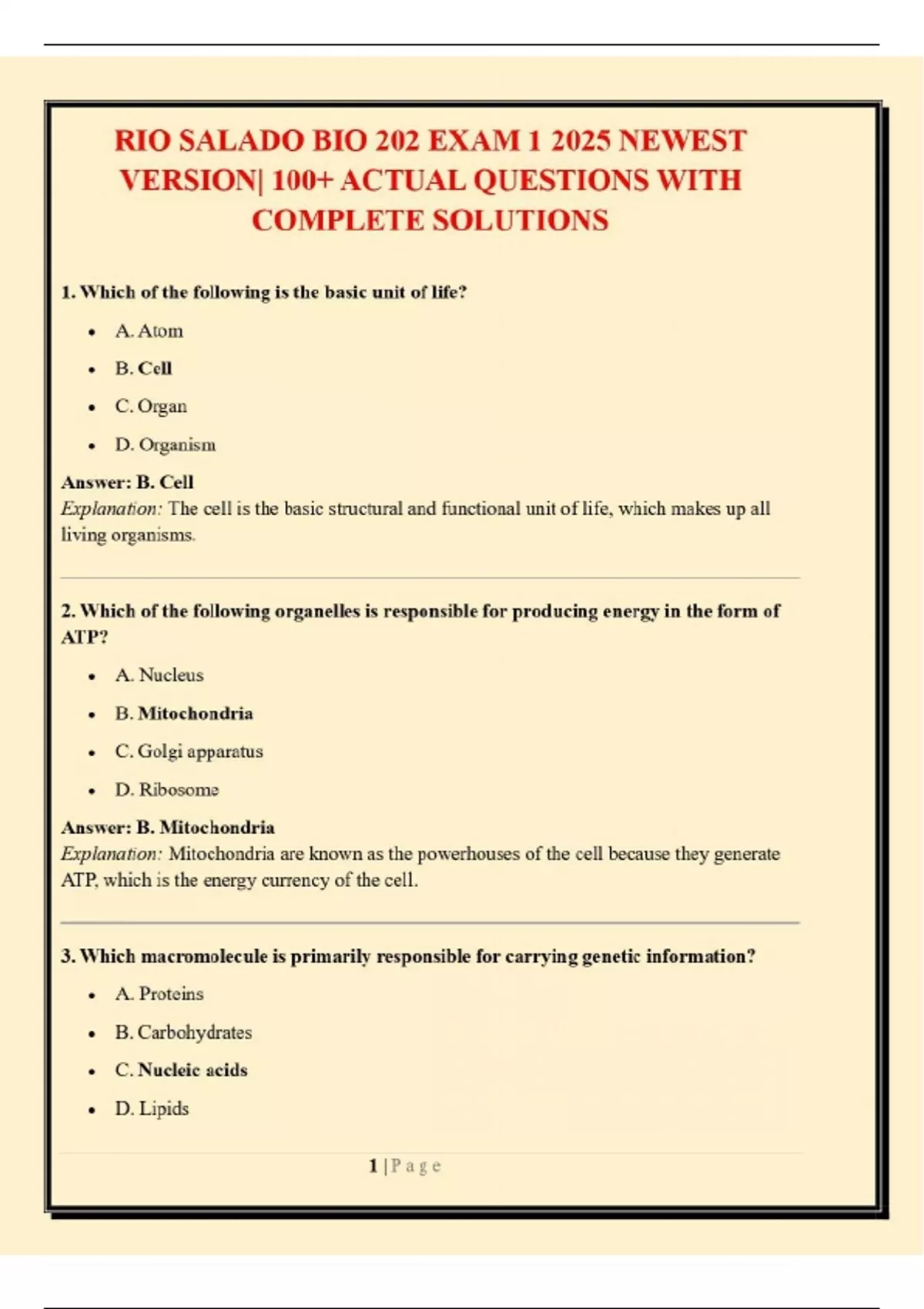RIO SALADO BIO 202 EXAM 1 2025 NEWEST VERSION 100+ ACTUAL QUESTIONS WITH COMPLETE SOLUTIONS ...