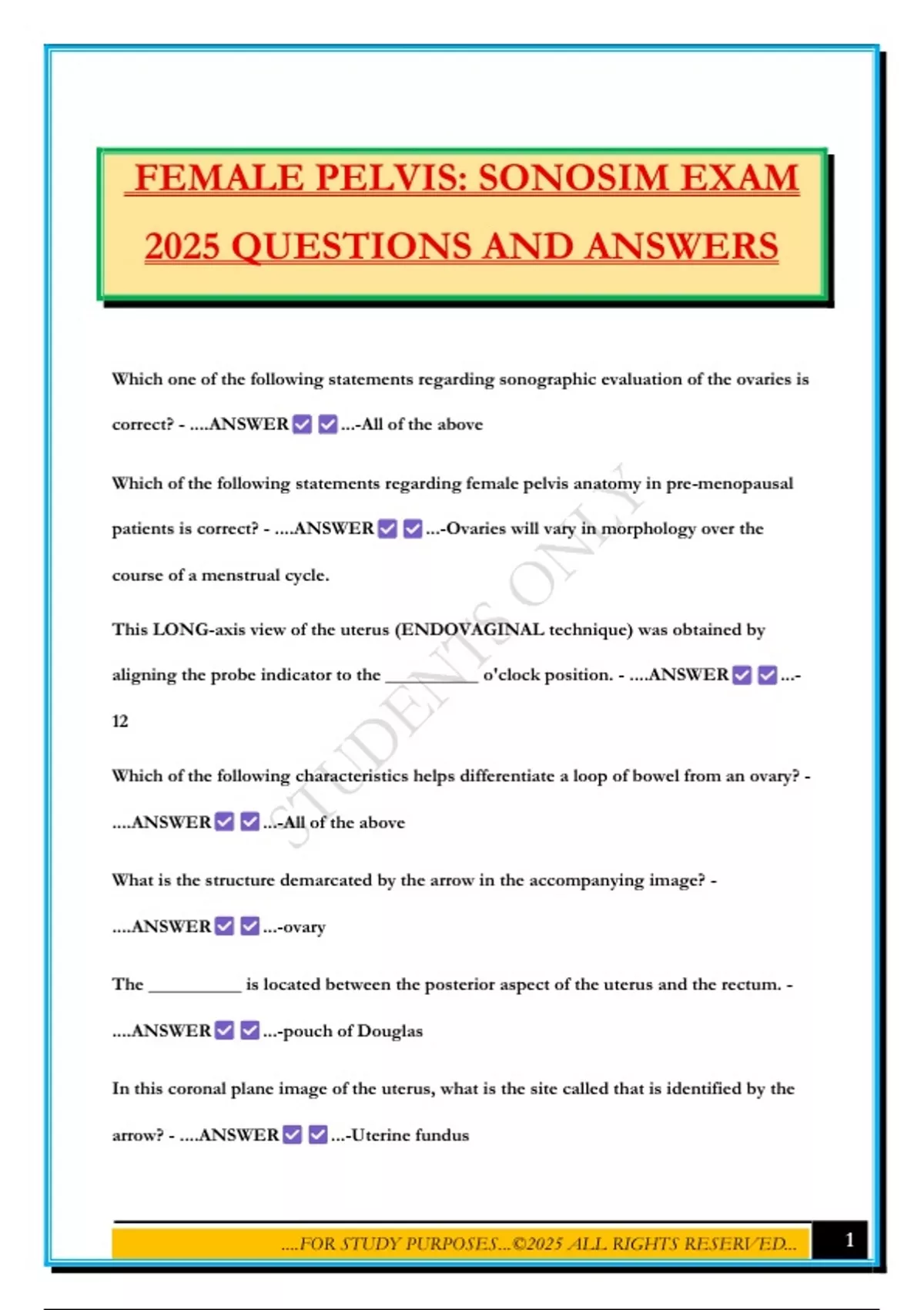 FEMALE PELVIS: SONOSIM EXAM 2025 QUESTIONS AND ANSWERS - SONOSIM ...