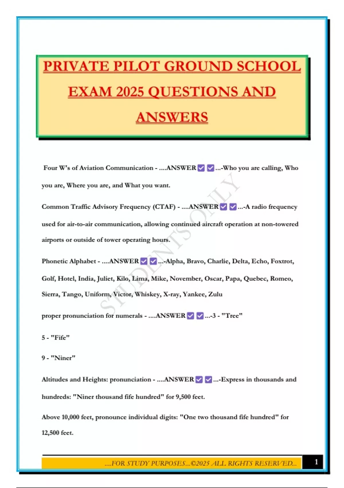 PRIVATE PILOT GROUND SCHOOL EXAM 2025 QUESTIONS AND ANSWERS - Private ...