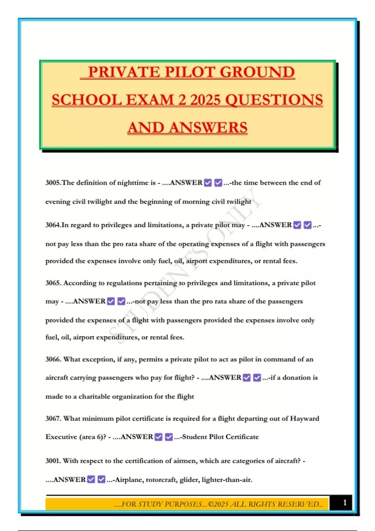 PRIVATE PILOT GROUND SCHOOL EXAM 2 2025 QUESTIONS AND ANSWERS - Private ...