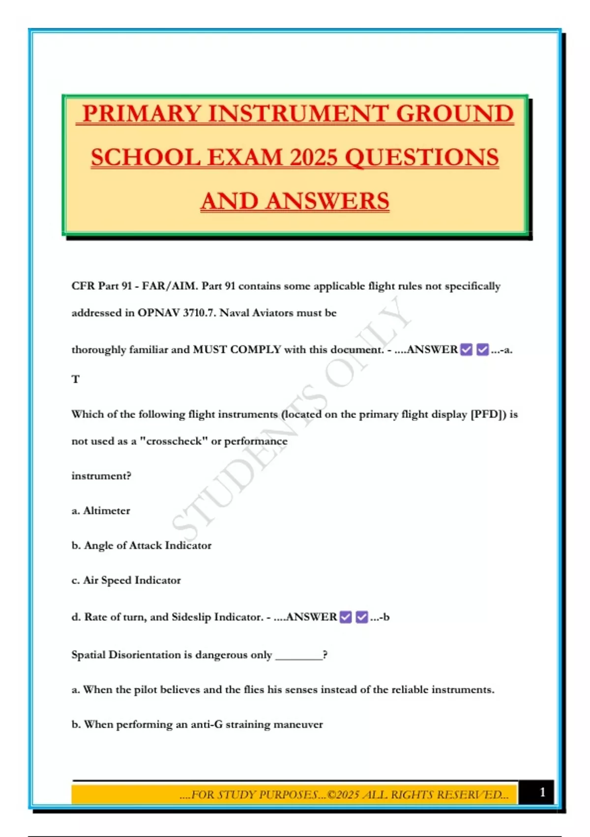 PRIMARY INSTRUMENT GROUND SCHOOL EXAM 2025 QUESTIONS AND ANSWERS ...