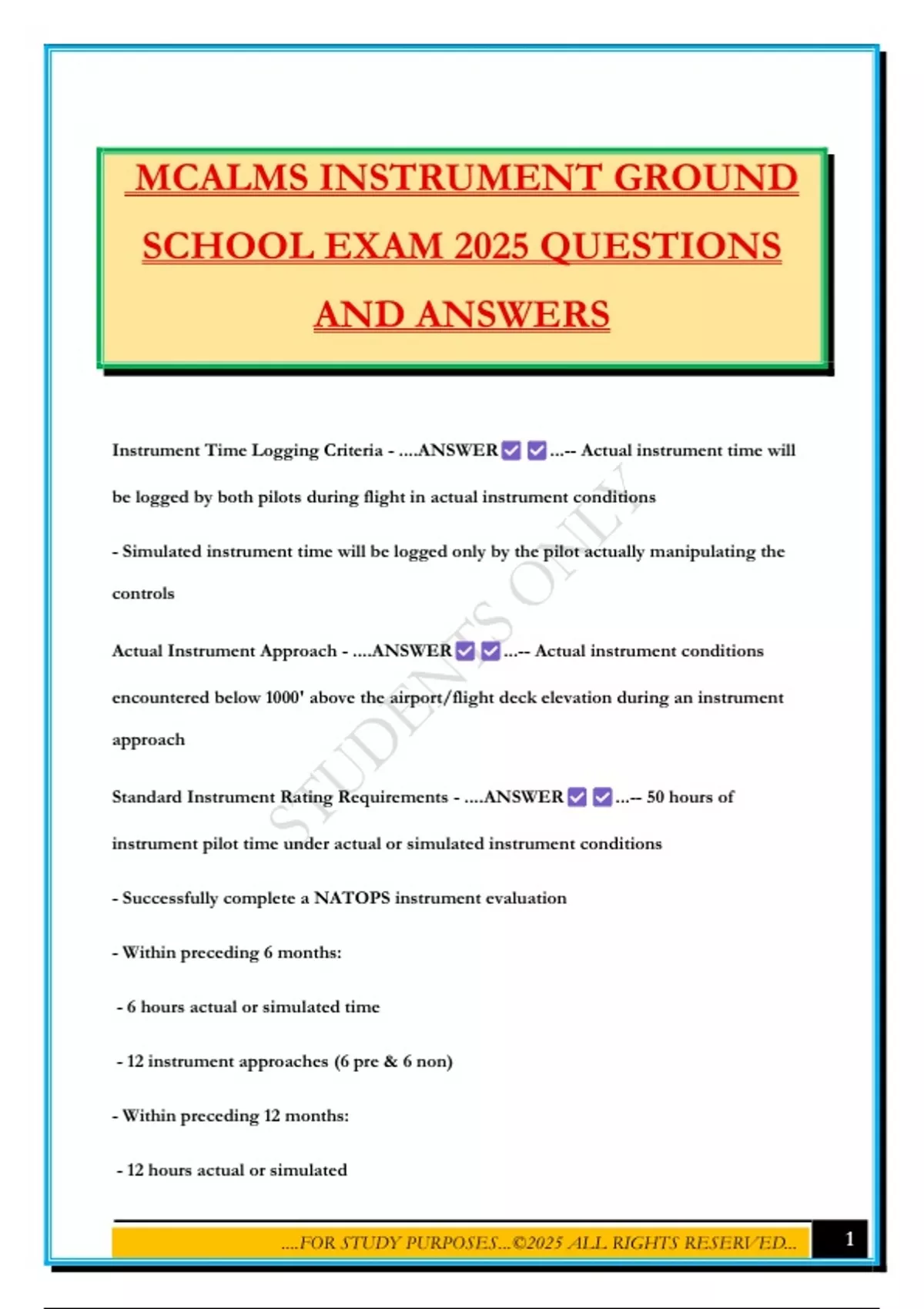 MCALMS INSTRUMENT GROUND SCHOOL EXAM 2025 QUESTIONS AND ANSWERS ...