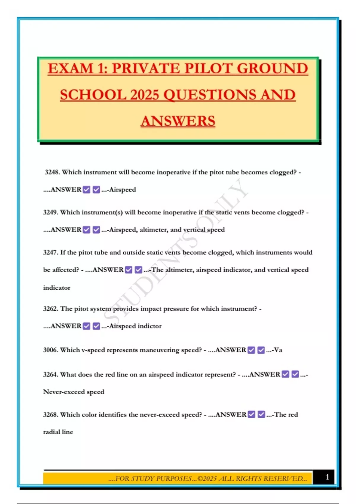 EXAM 1: PRIVATE PILOT GROUND SCHOOL 2025 QUESTIONS AND ANSWERS ...