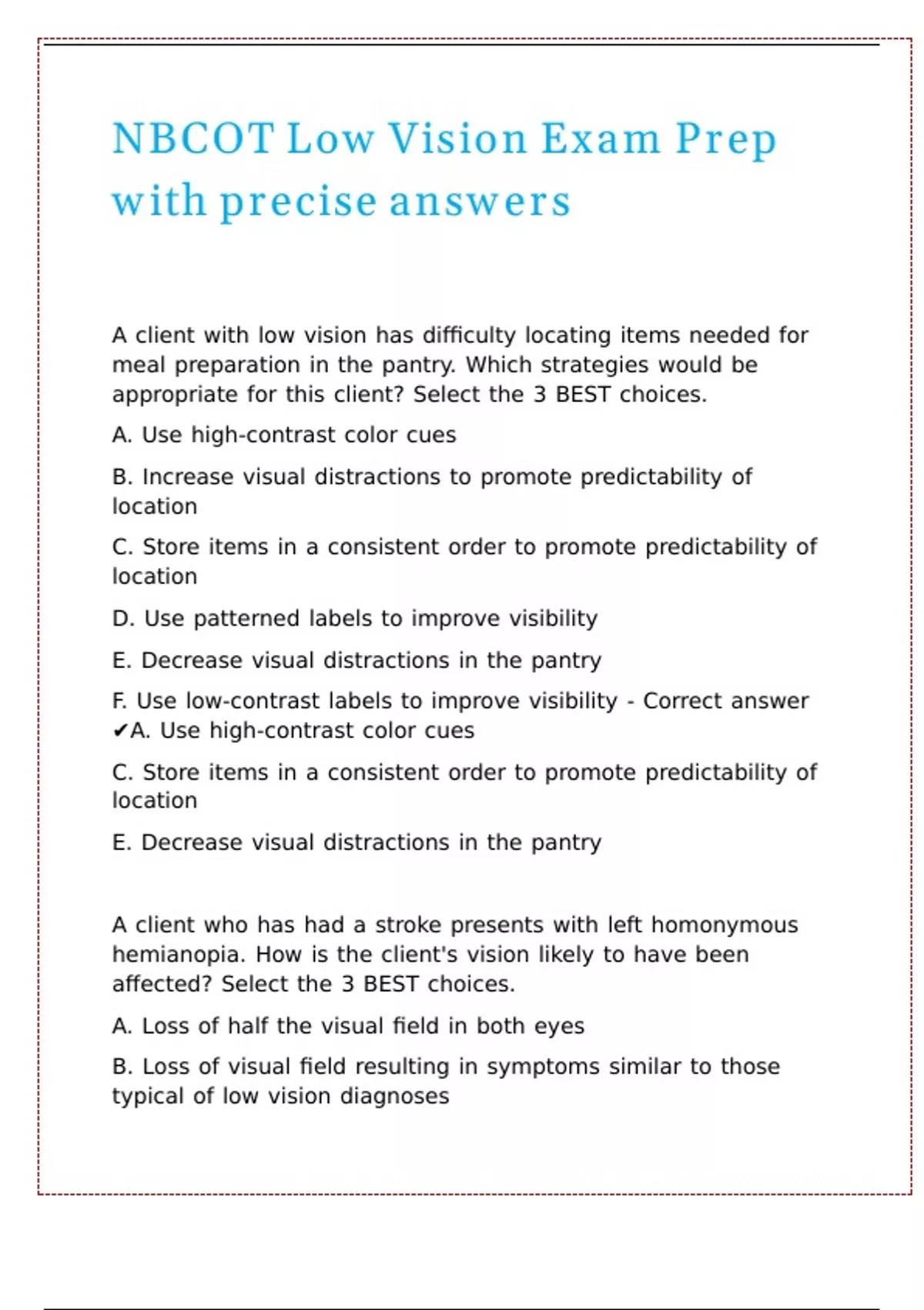 NBCOT Low Vision Exam Prep with precise detailed answers - NBCOT ...