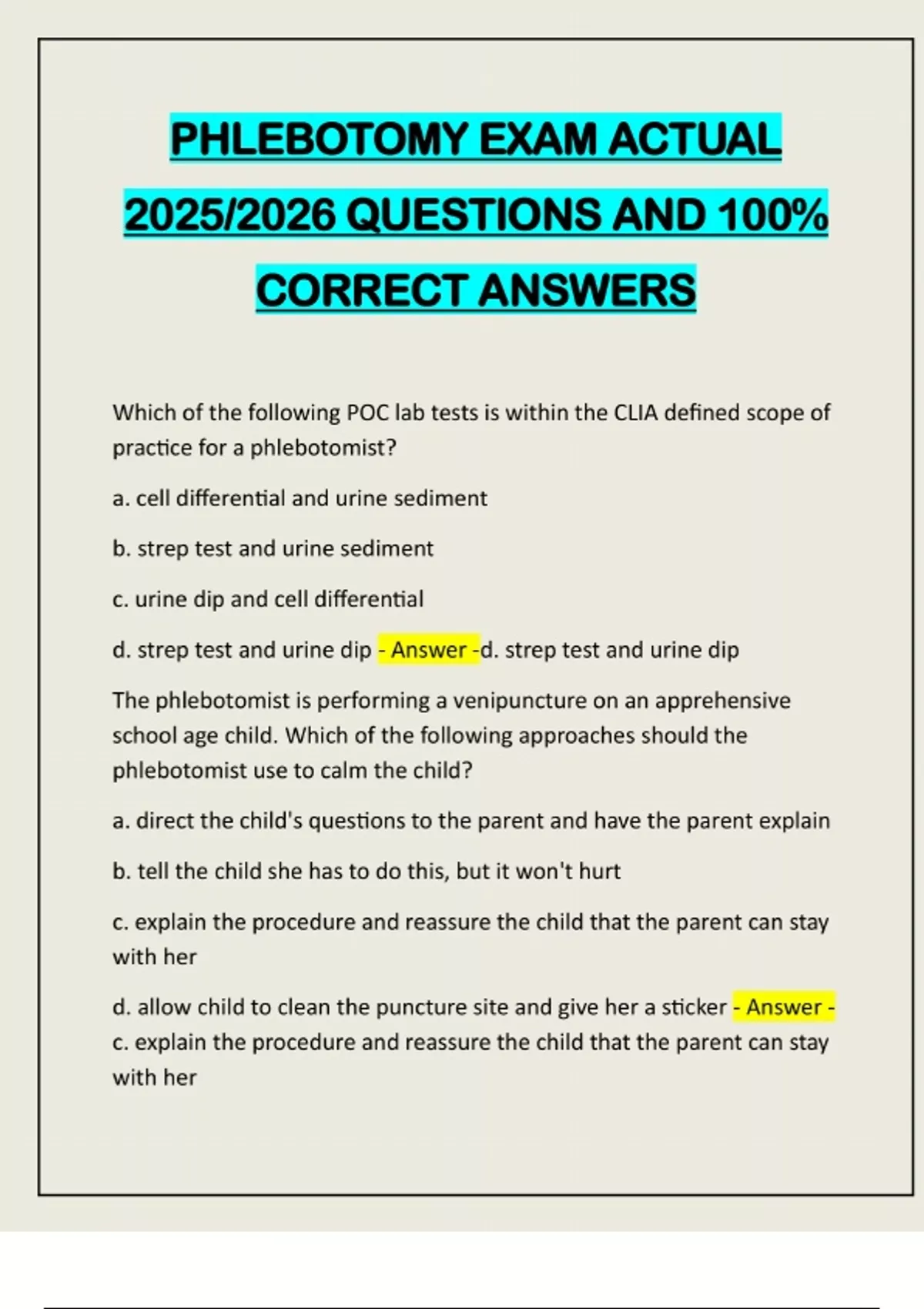 PHLEBOTOMY EXAM ACTUAL 2025/2026 QUESTIONS AND 100% CORRECT ANSWERS ...