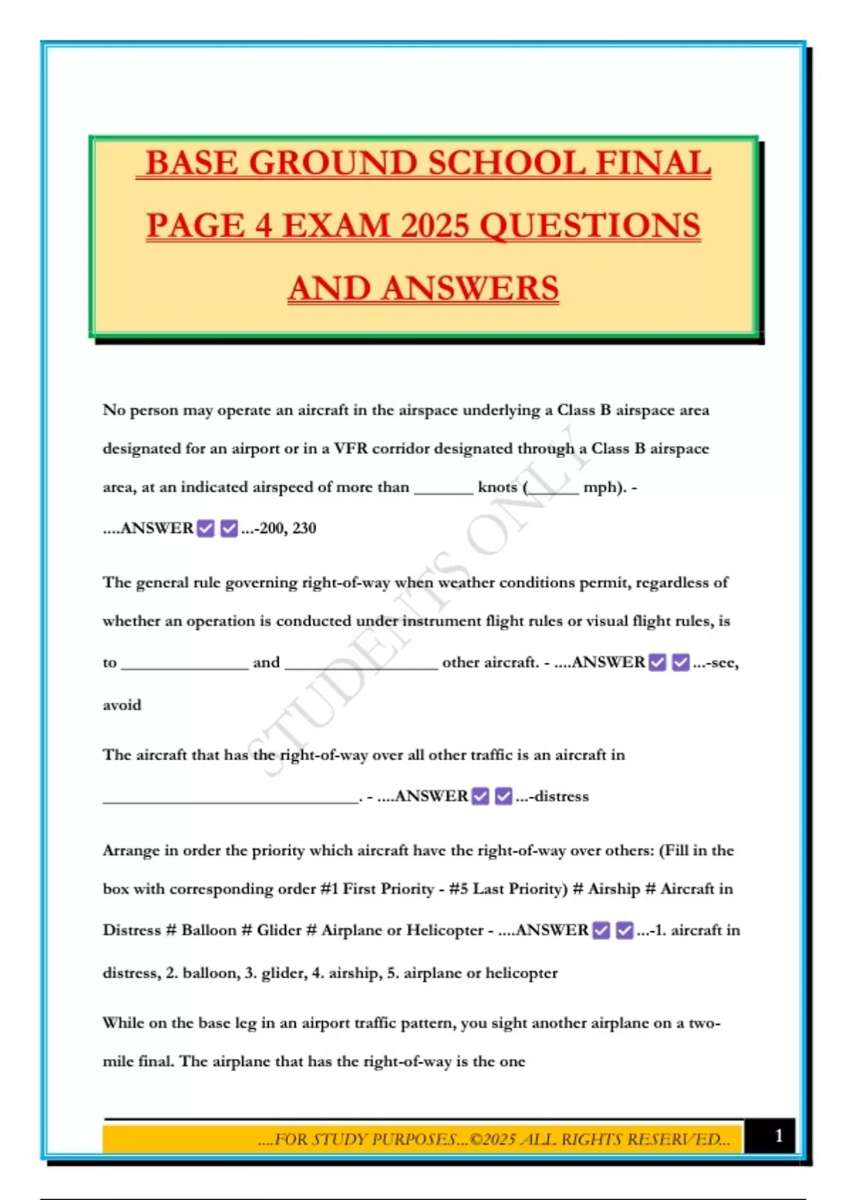 PRIVATE PILOT GROUND SCHOOL BUNDLED EXAMS 2025 (QUESTIONS AND ANSWERS ...
