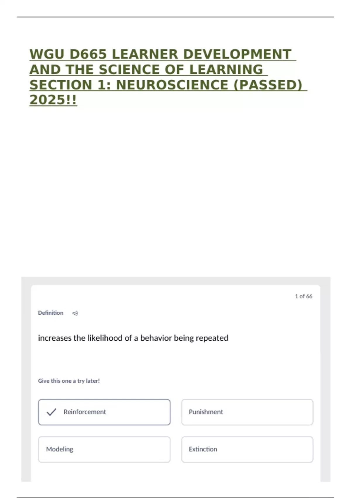 WGU D665 LEARNER DEVELOPMENT AND THE SCIENCE OF LEARNING SECTION 1 ...
