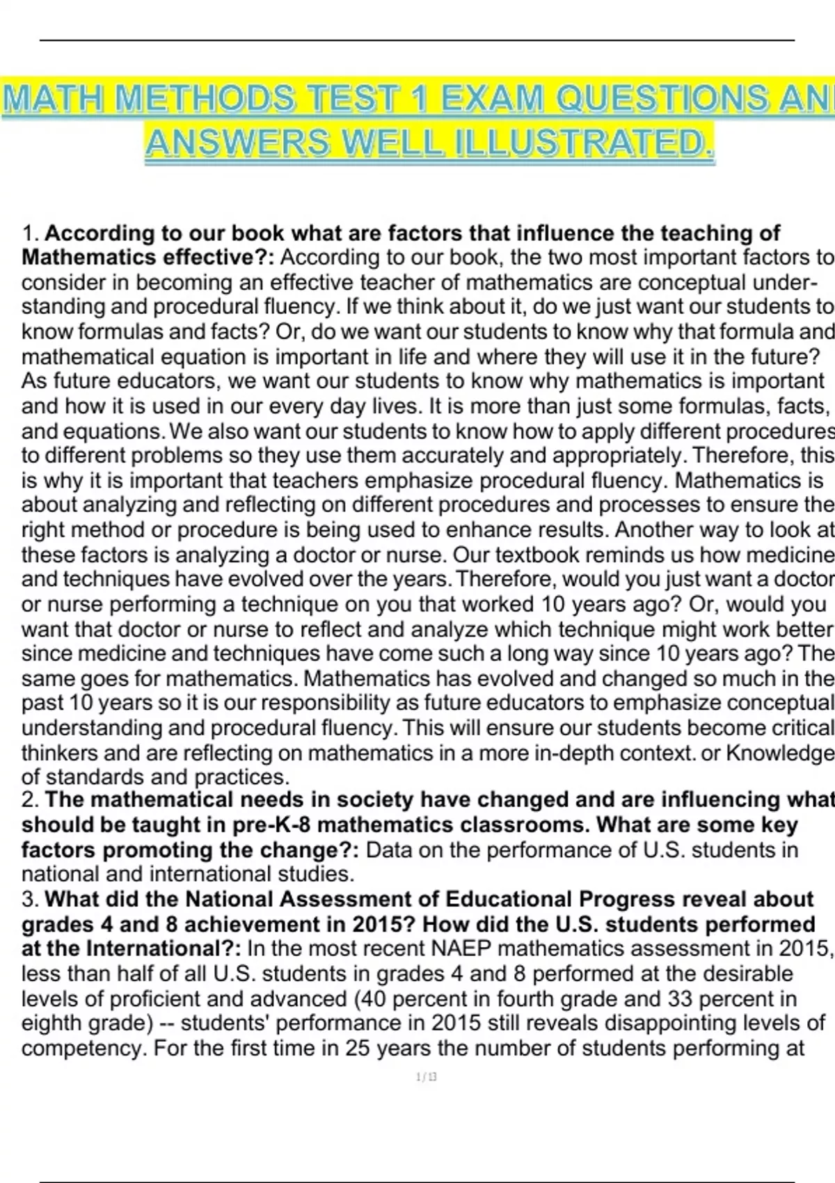 MATH METHODS TEST 1 EXAM QUESTIONS AND ANSWERS WELL ILLUSTRATED. - MATH ...