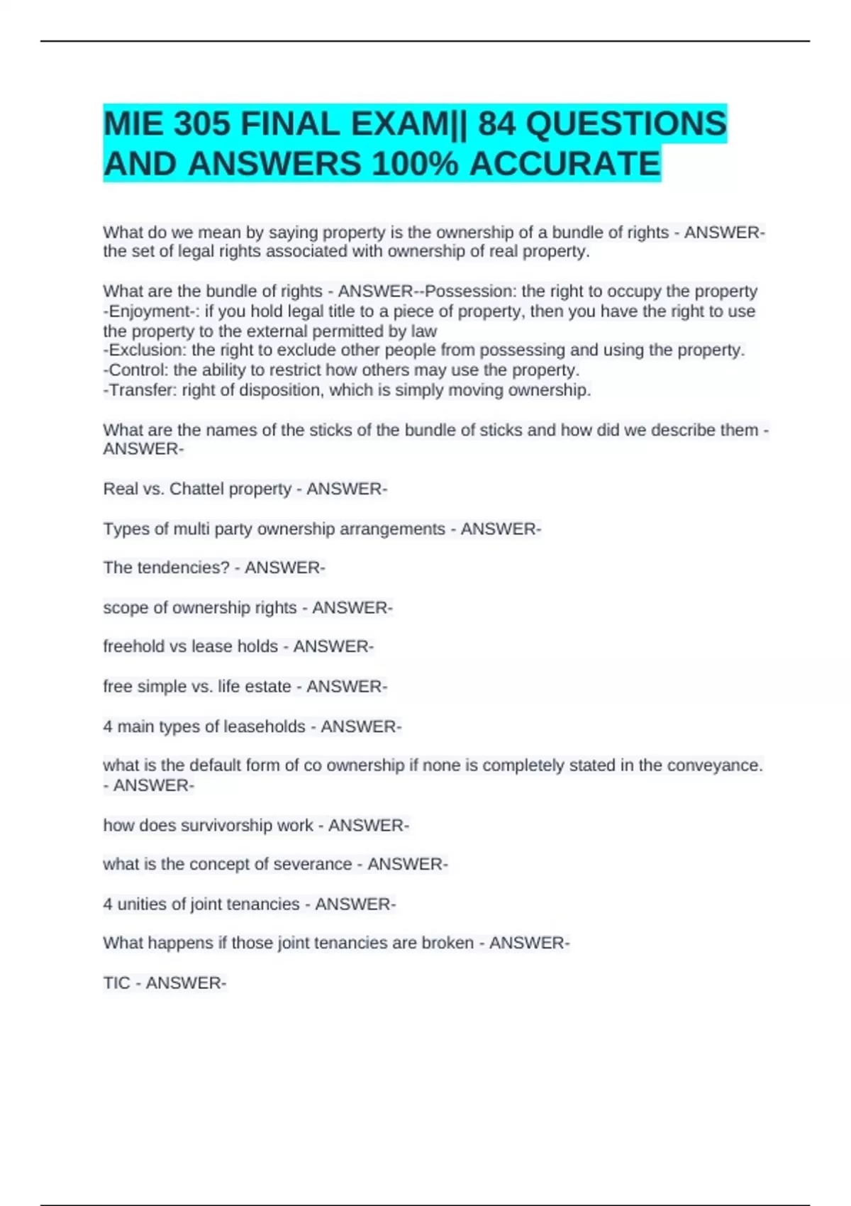 MIE 305 FINAL EXAM|| 84 QUESTIONS AND ANSWERS 100% ACCURATE - MIE 305 - Stuvia US