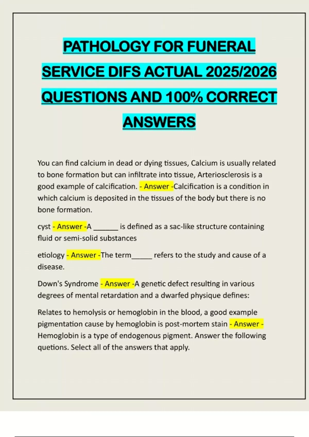 PATHOLOGY FOR FUNERAL SERVICE DIFS ACTUAL 2025/2026 QUESTIONS AND 100% ...