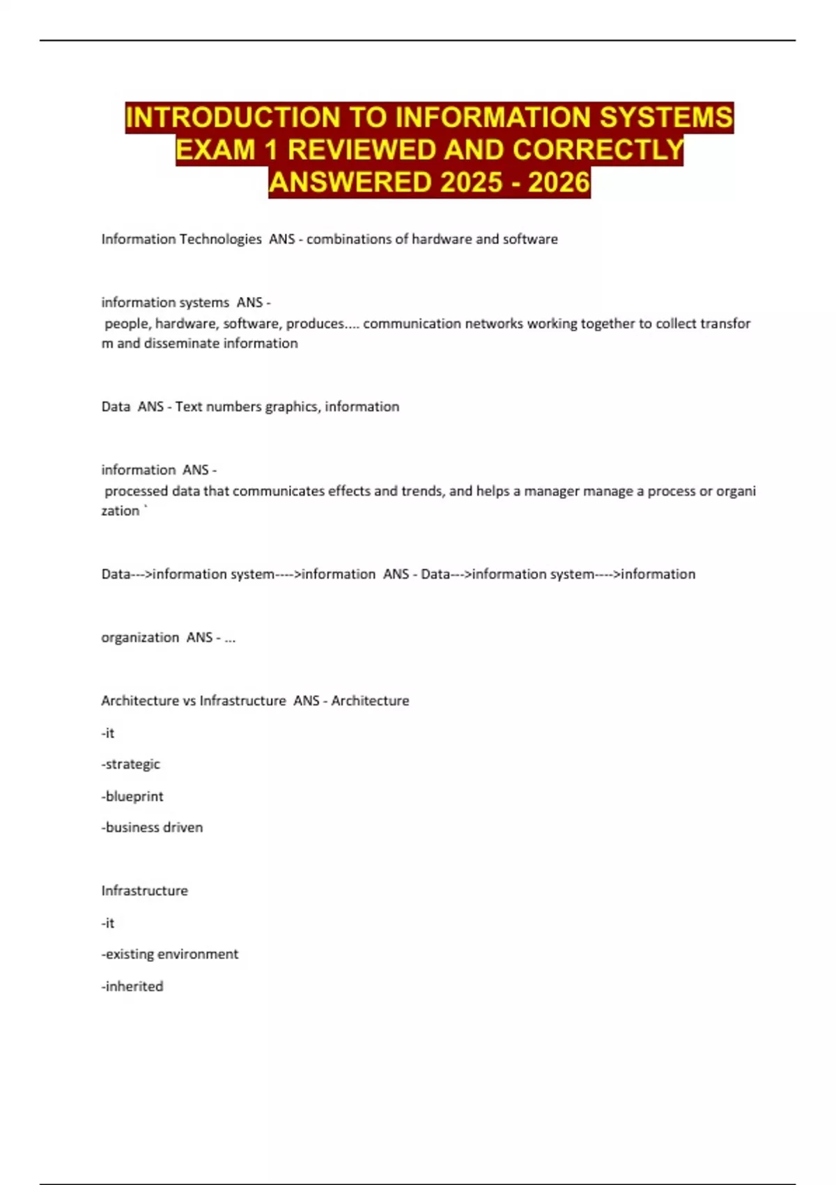 INTRODUCTION TO INFORMATION SYSTEMS EXAM 1 REVIEWED AND CORRECTLY ...