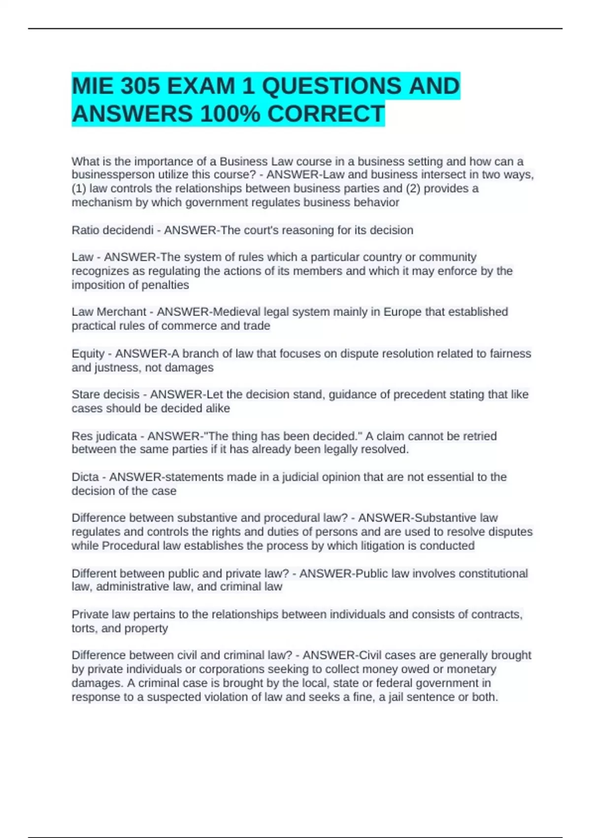 MIE 305 EXAM 1 QUESTIONS AND ANSWERS 100% CORRECT - MIE 305 - Stuvia US