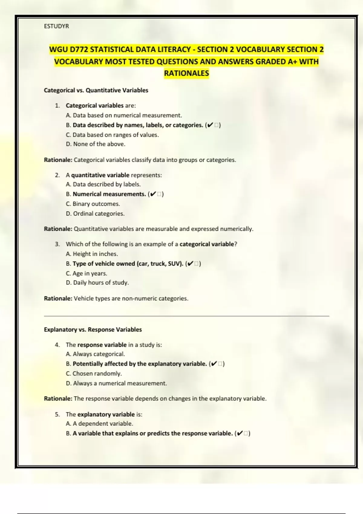 WGU D772 STATISTICAL DATA LITERACY - SECTION 2 VOCABULARY SECTION 2 ...
