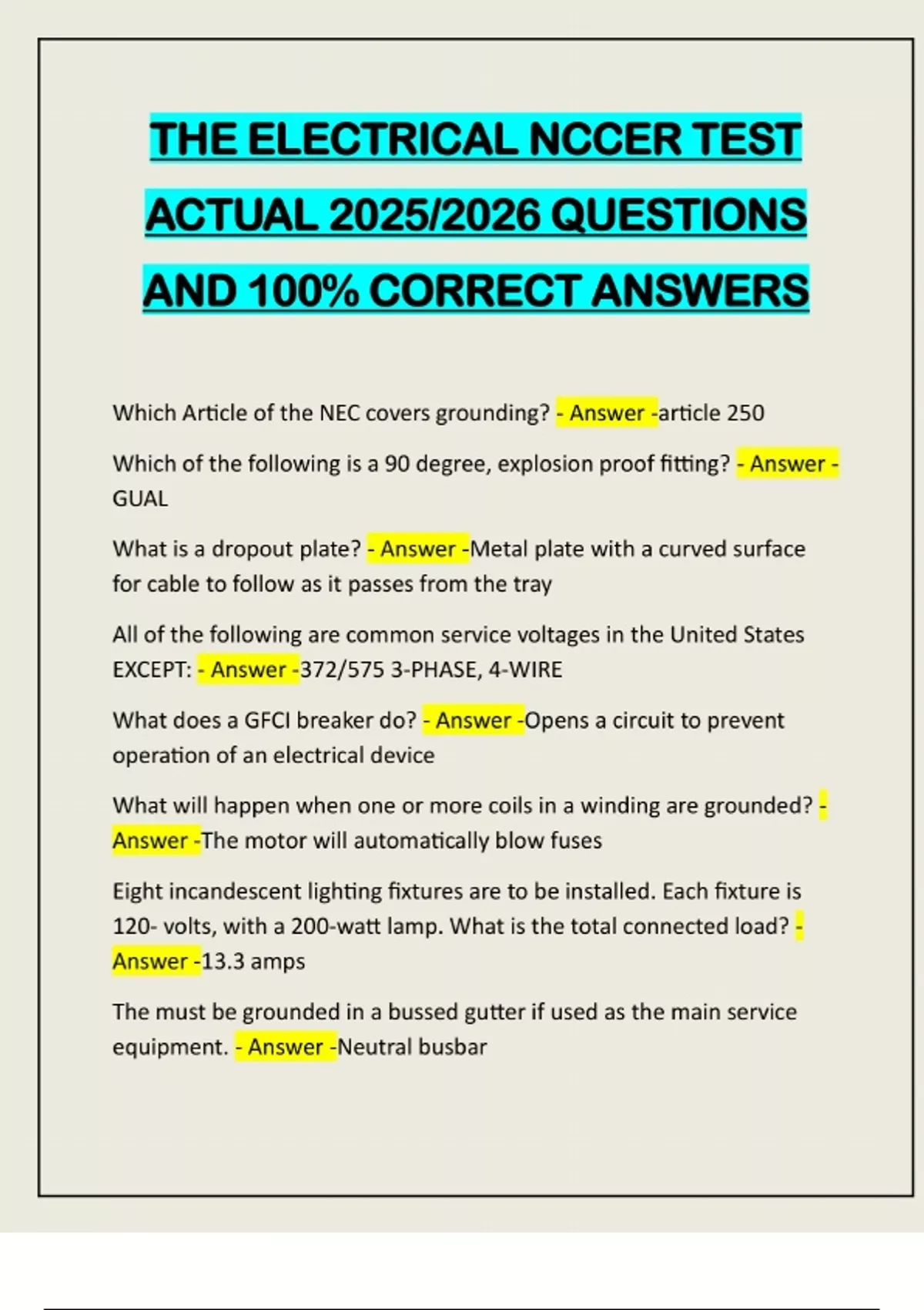 THE ELECTRICAL NCCER TEST ACTUAL 2025/2026 QUESTIONS AND 100% CORRECT ...