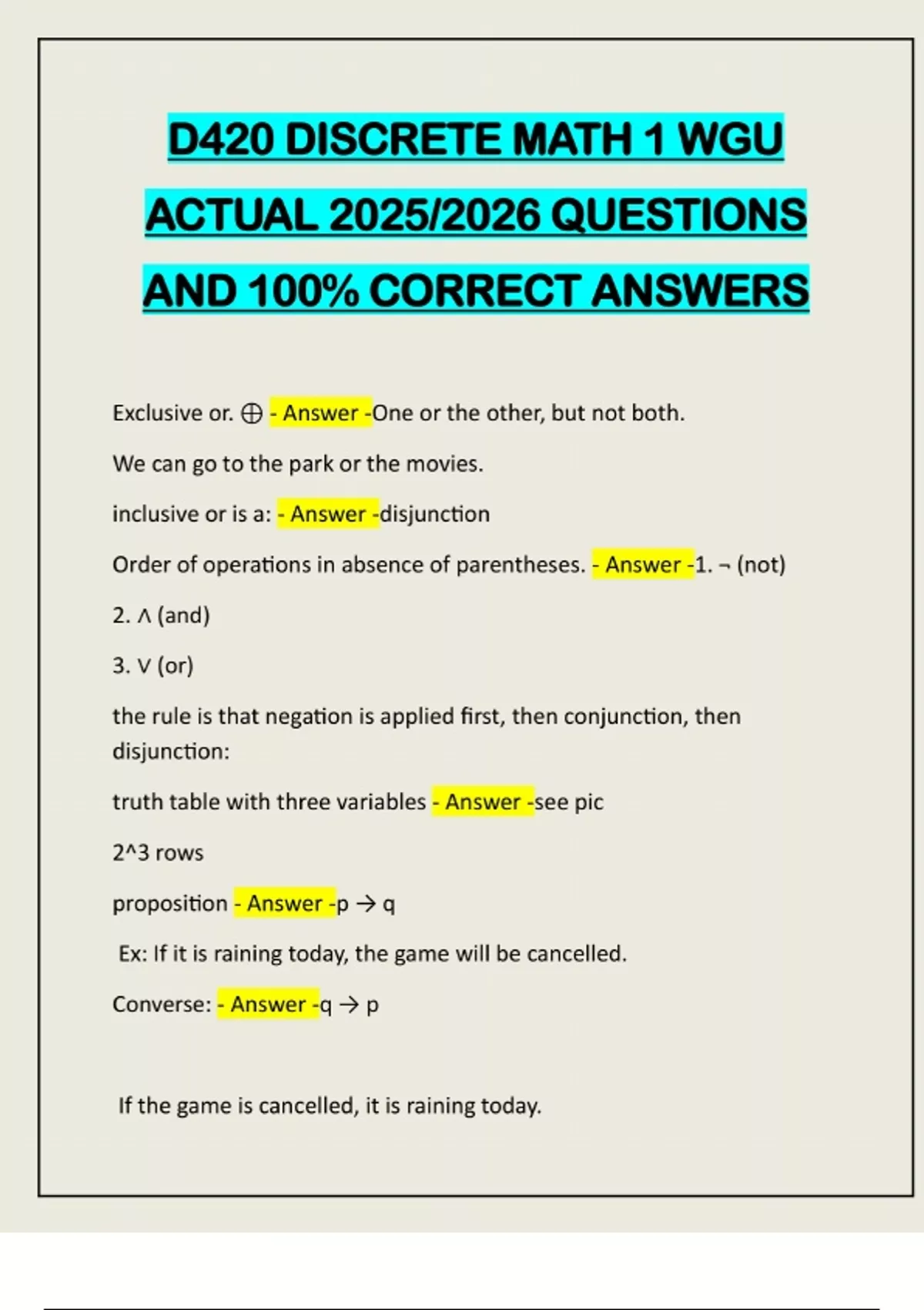 D420 DISCRETE MATH 1 WGU ACTUAL 2025/2026 QUESTIONS AND 100% CORRECT ...