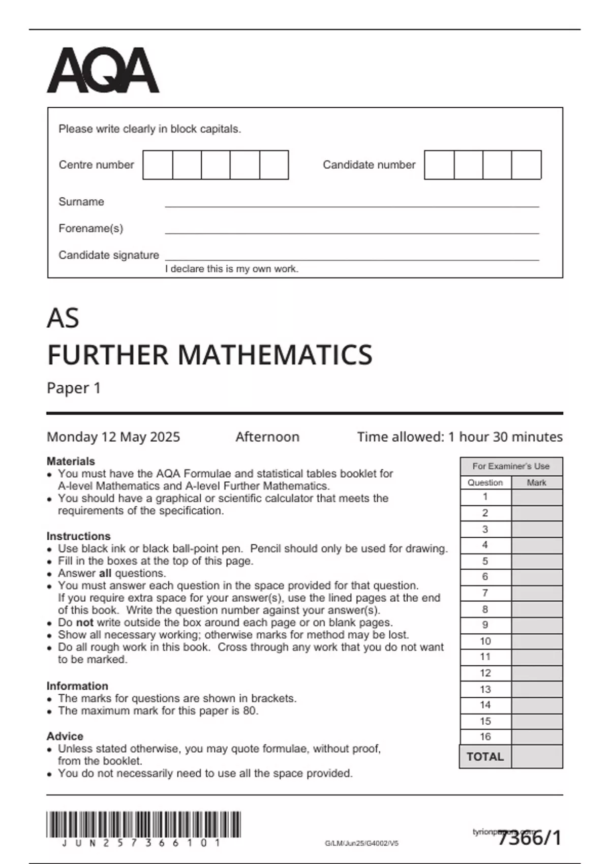 AQA AS LEVEL MAY JUNE 2025 FURTHER MATHS 7366 PAPER 1 QP LATEST - 2025 ...