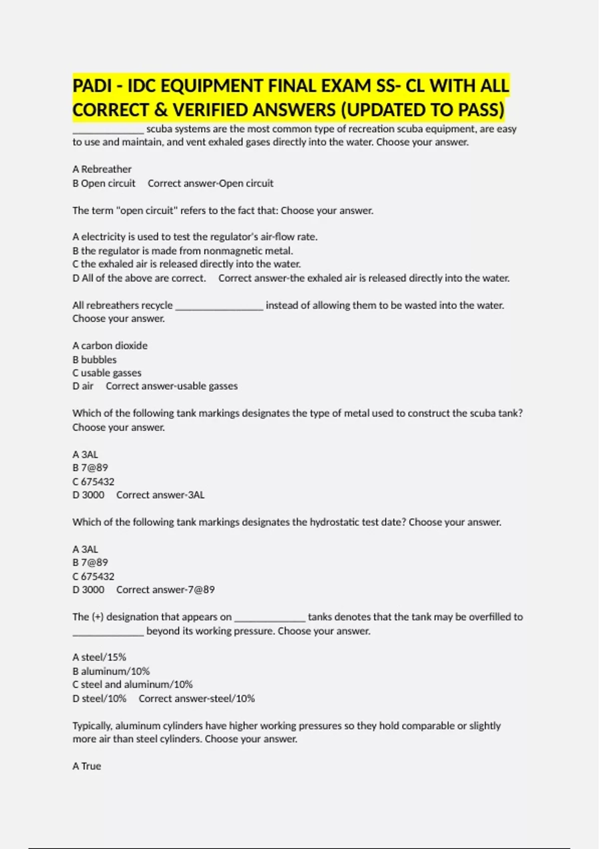 PADI - IDC EQUIPMENT FINAL EXAM SS- CL WITH ALL CORRECT & VERIFIED ...