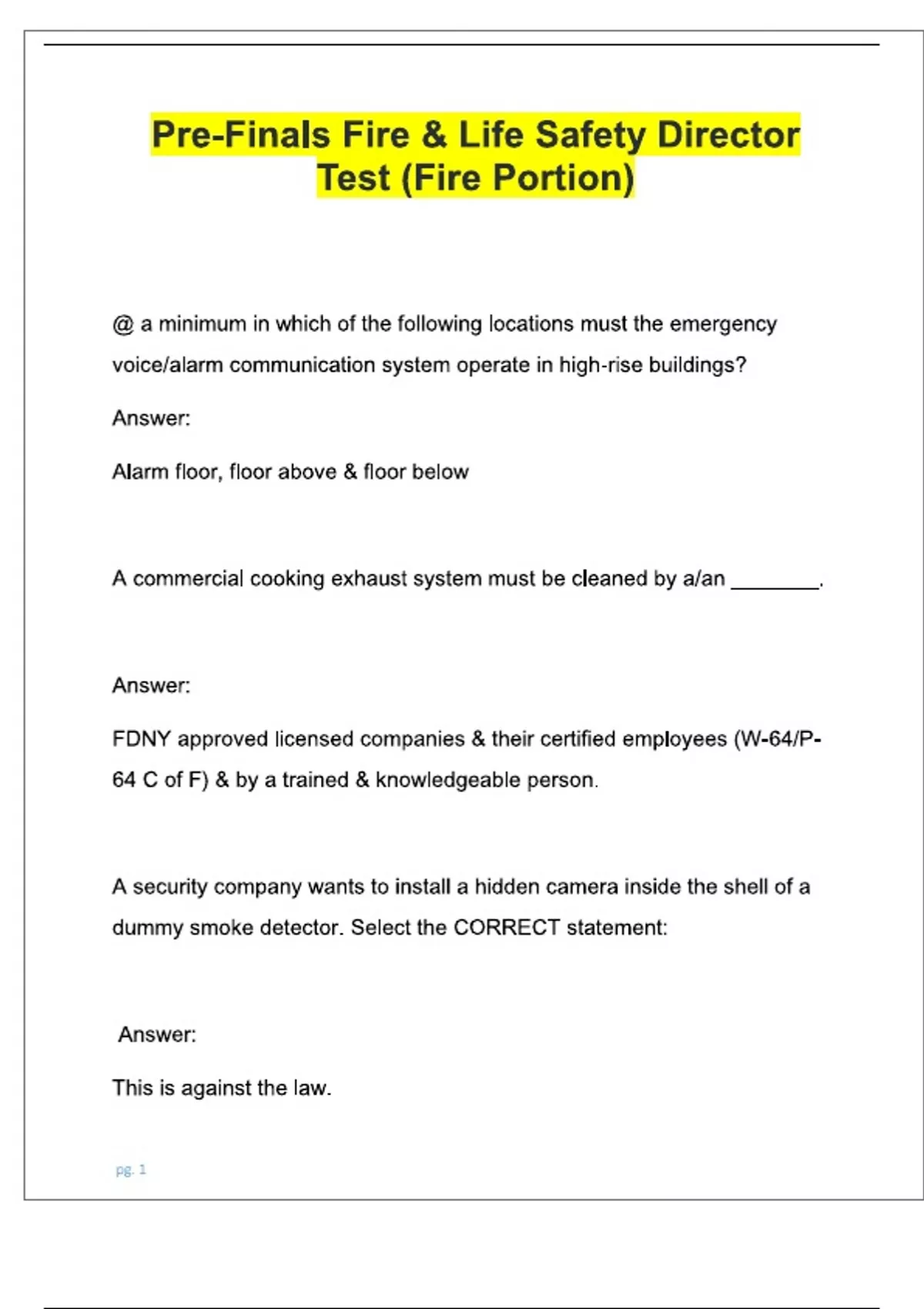 Pre- Finals Fire & Life Safety Director Test (Fire Portion) Questions ...