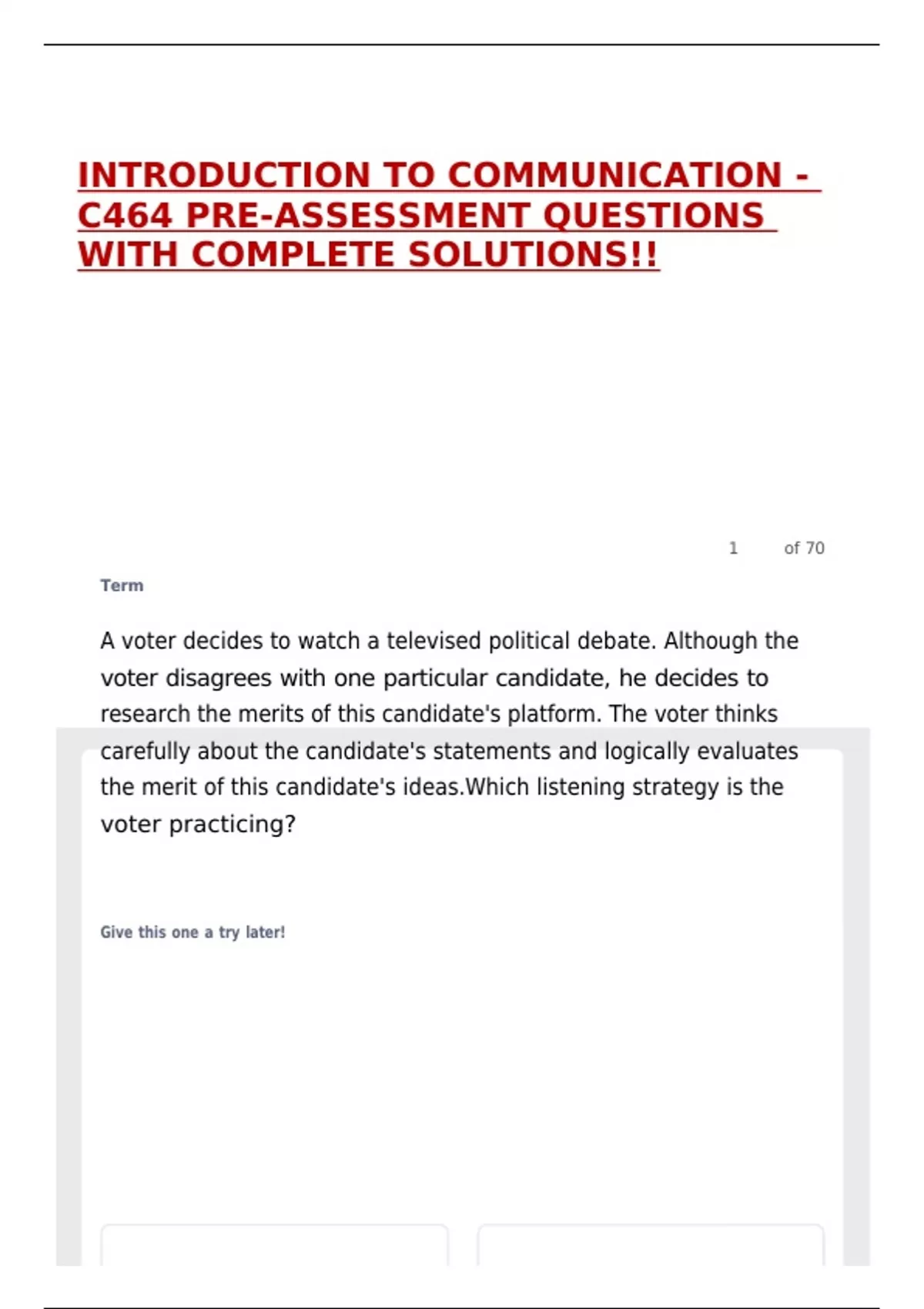 INTRODUCTION TO COMMUNICATION - C464 PRE-ASSESSMENT QUESTIONS WITH COMPLETE SOLUTIONS!! - WGU ...