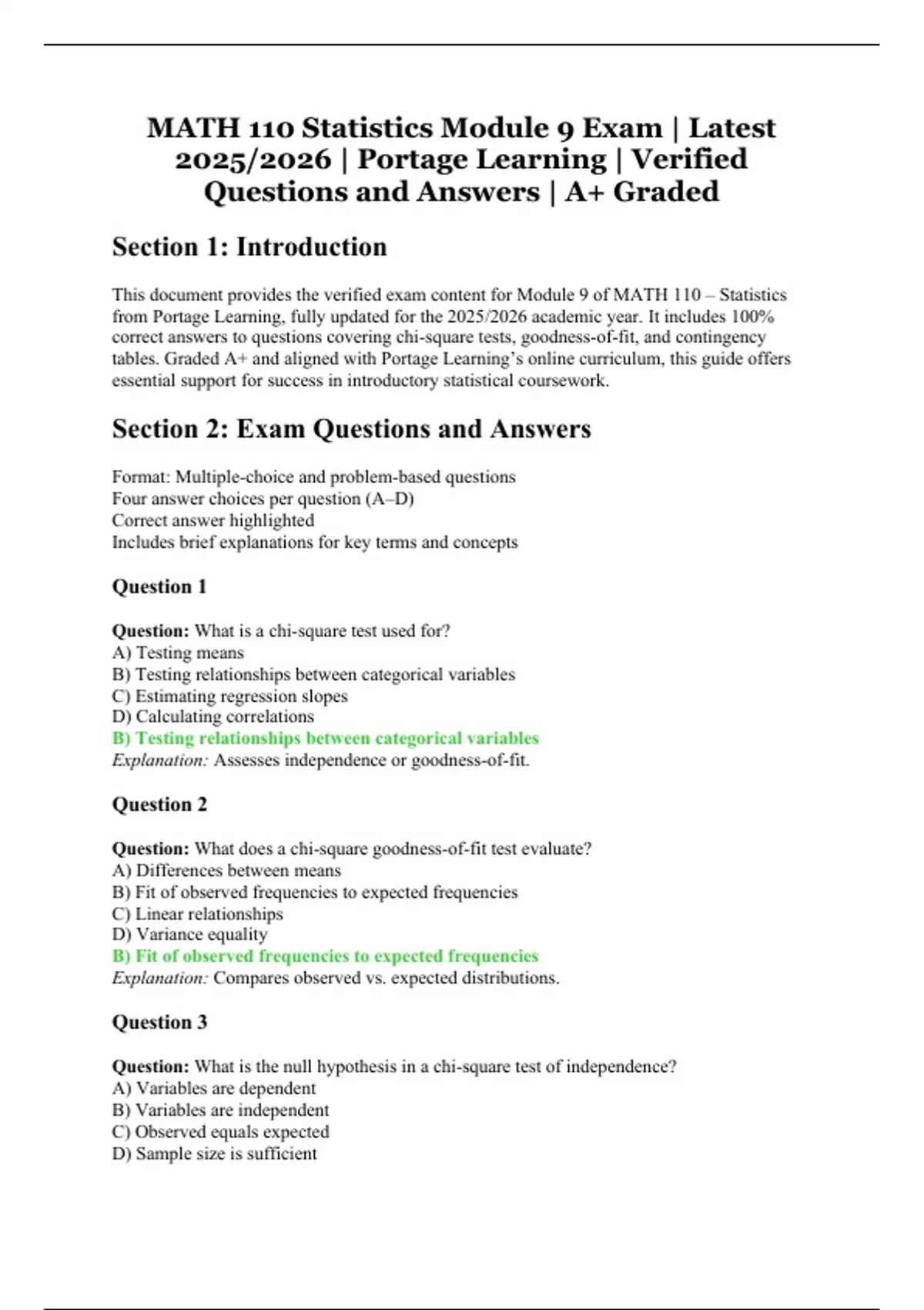 Math 110 Statistics Module 9 Exam Portage Learning Latest 2025 2026 Edition Verified