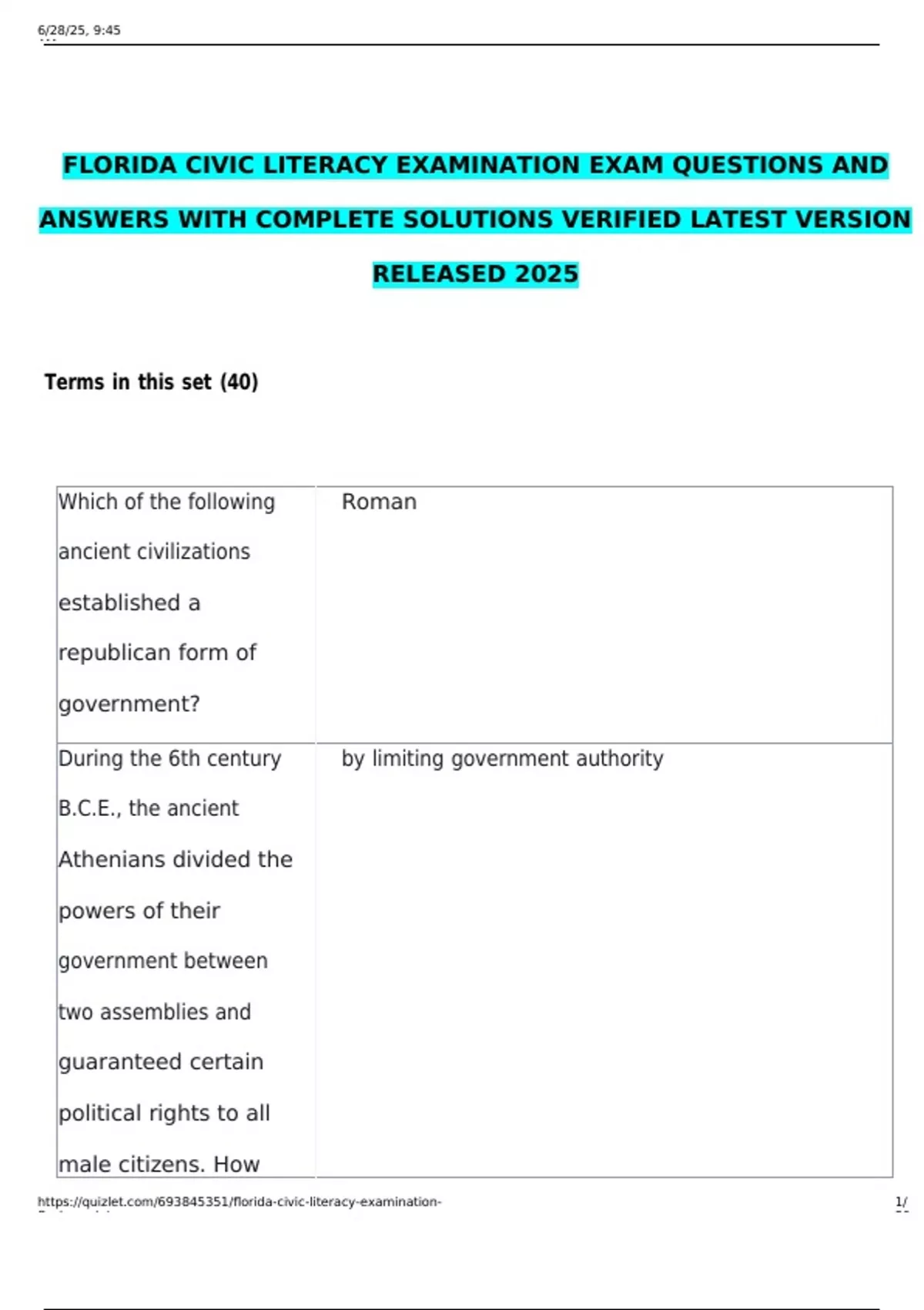 FLORIDA CIVIC LITERACY EXAMINATION EXAM QUESTIONS AND ANSWERS WITH ...