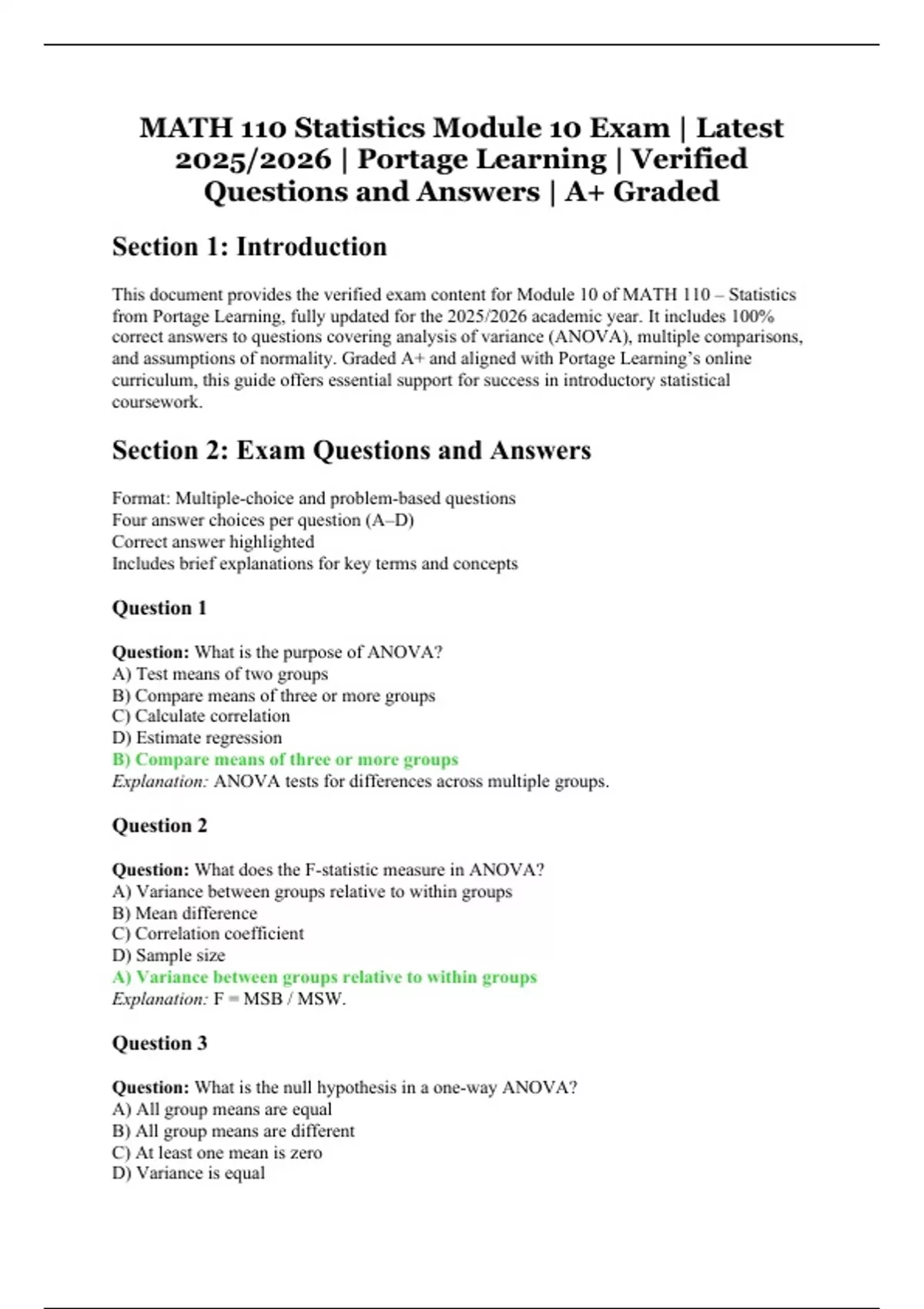 Math 110 Statistics Module 10 Exam Portage Learning Latest 2025 2026 Edition Verified