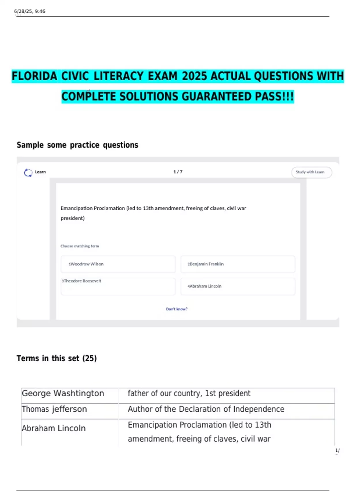 FLORIDA CIVIC LITERACY EXAM 2025 ACTUAL QUESTIONS WITH COMPLETE ...