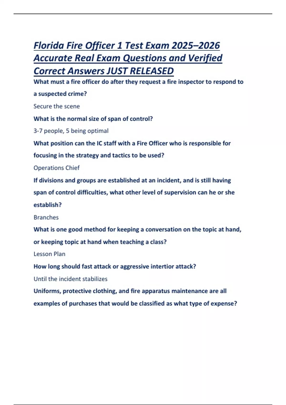 Florida Fire Officer 1 Test Exam 2025–2026 Fire Service Supervision ...