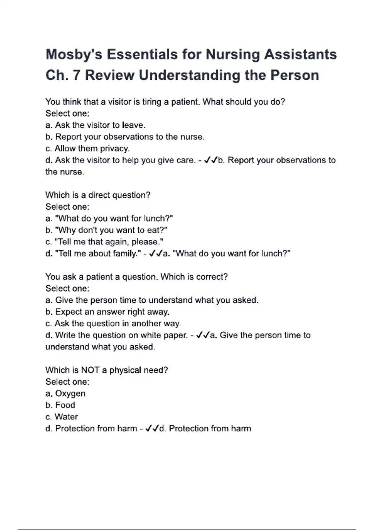 Mosby-s Essentials for Nursing Assistants Ch. 7 Review Understanding ...