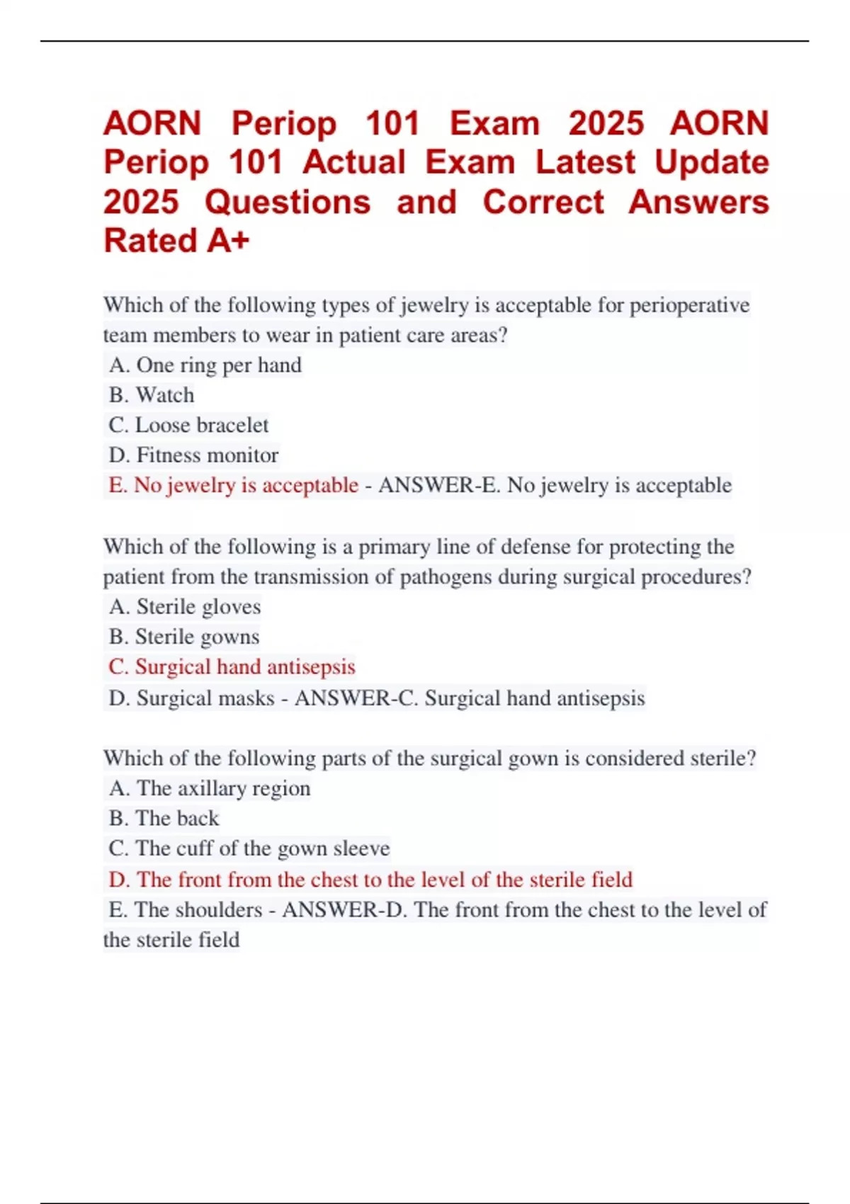 AORN Periop 101 Exam 2025 AORN Periop 101 Actual Exam Latest Update ...