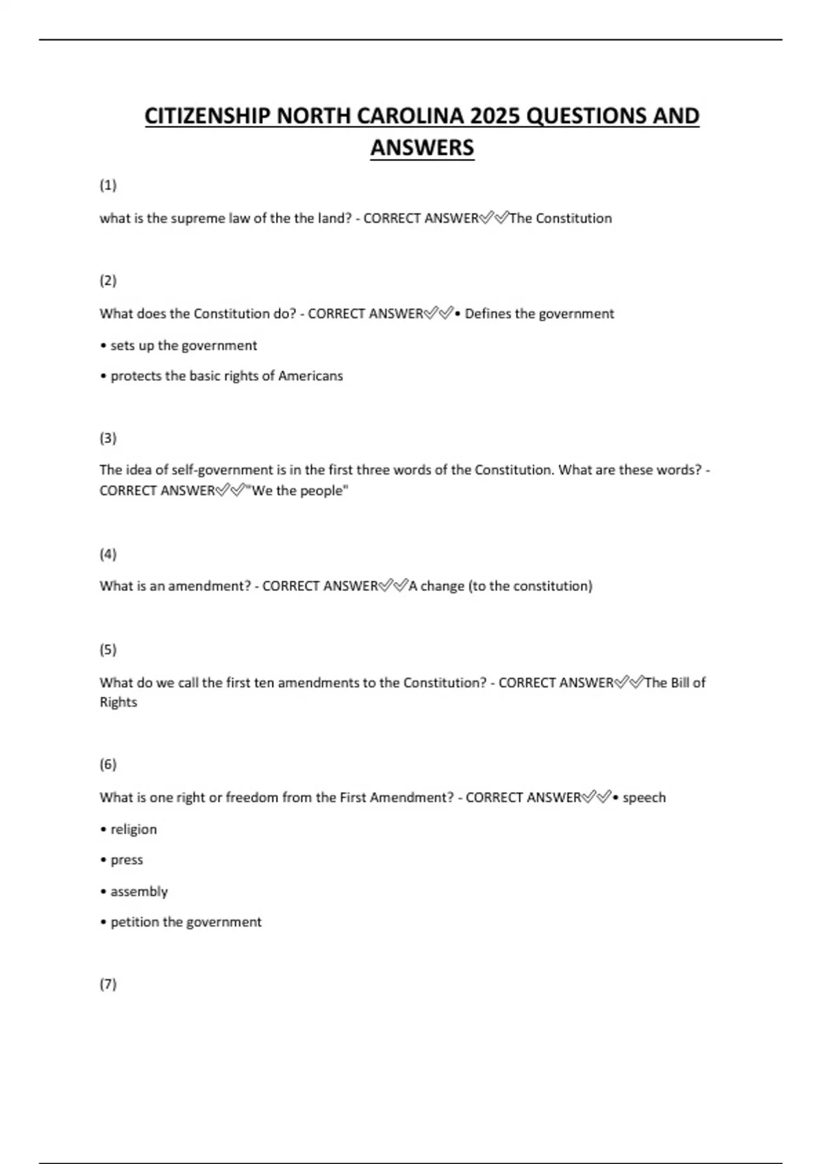 CITIZENSHIP NORTH CAROLINA 2025 QUESTIONS AND ANSWERS - CITIZENSHIP ...