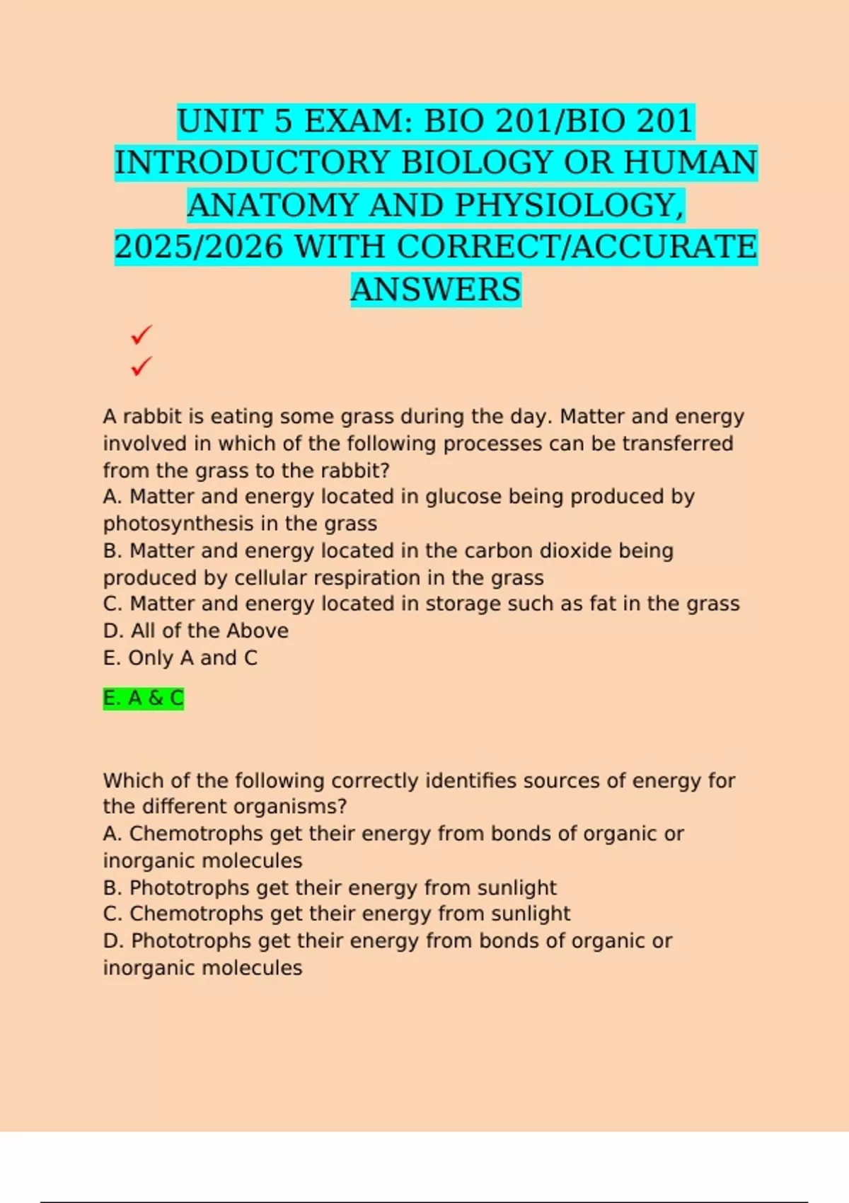 UNIT 5 EXAM: BIO 201/BIO 201 INTRODUCTORY BIOLOGY OR HUMAN ANATOMY AND ...