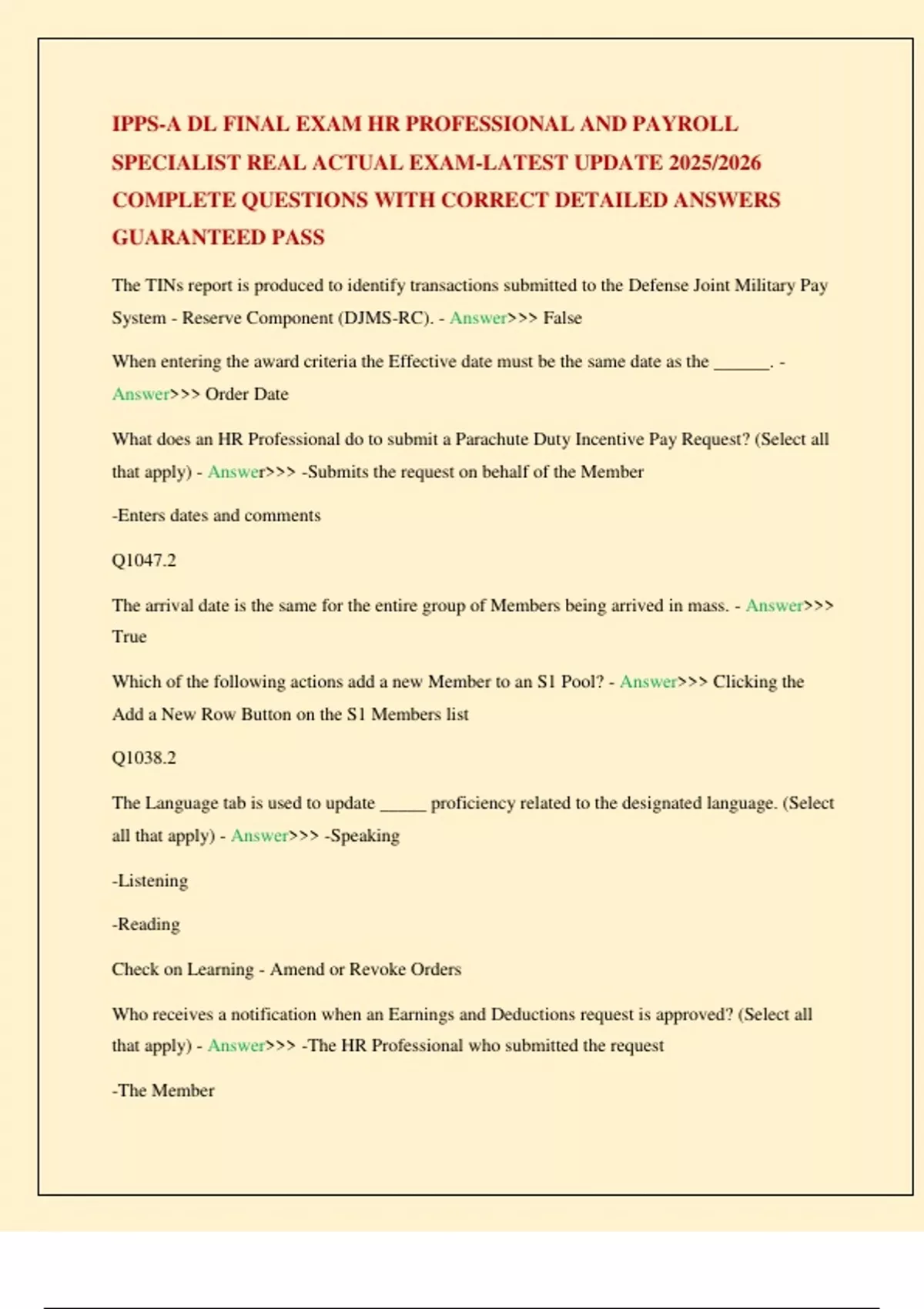 IPPS-A DL FINAL EXAM HR PROFESSIONAL AND PAYROLL SPECIALIST REAL ACTUAL ...