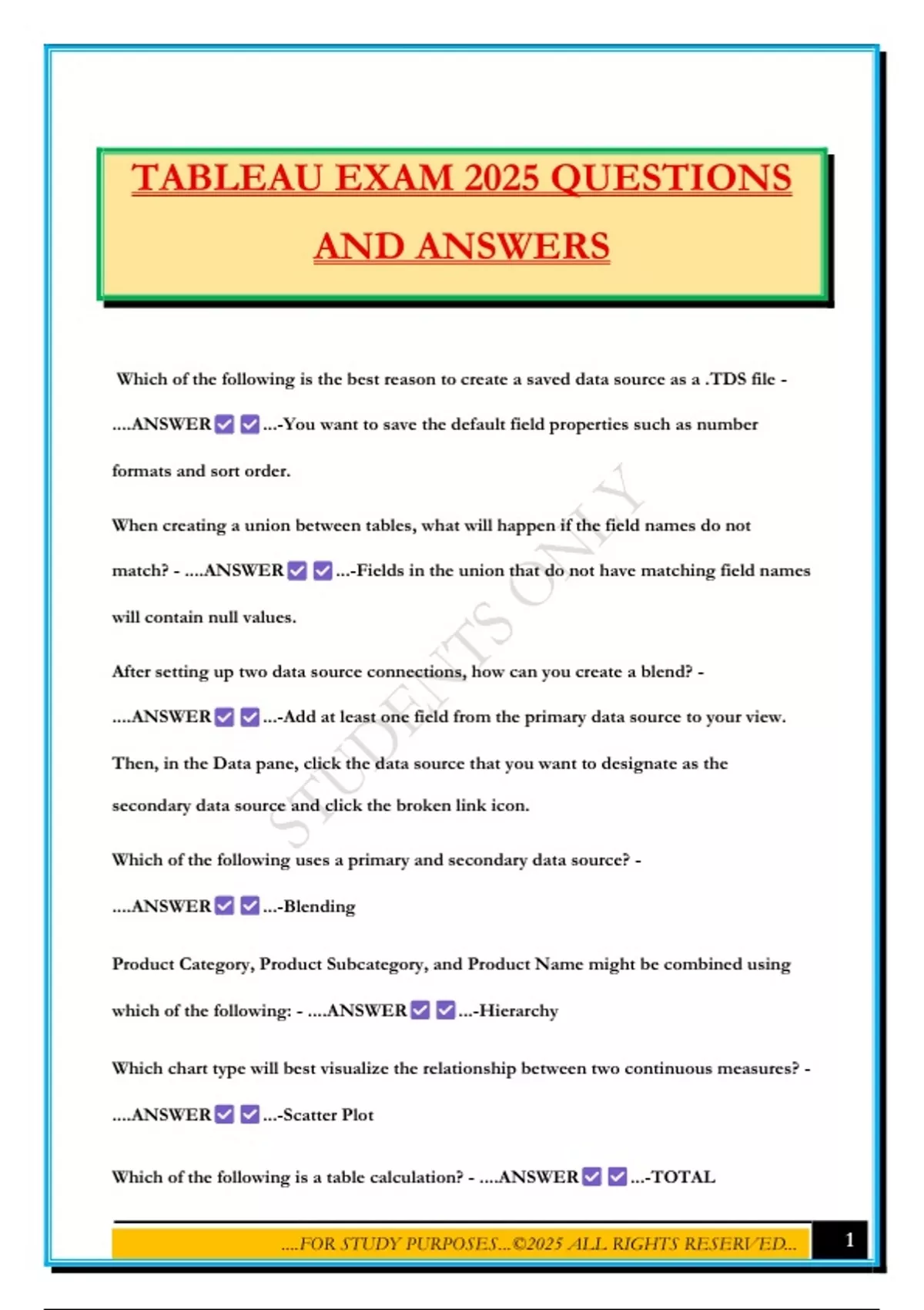 TABLEAU EXAM 2025 QUESTIONS AND ANSWERS - Tableau - Stuvia US