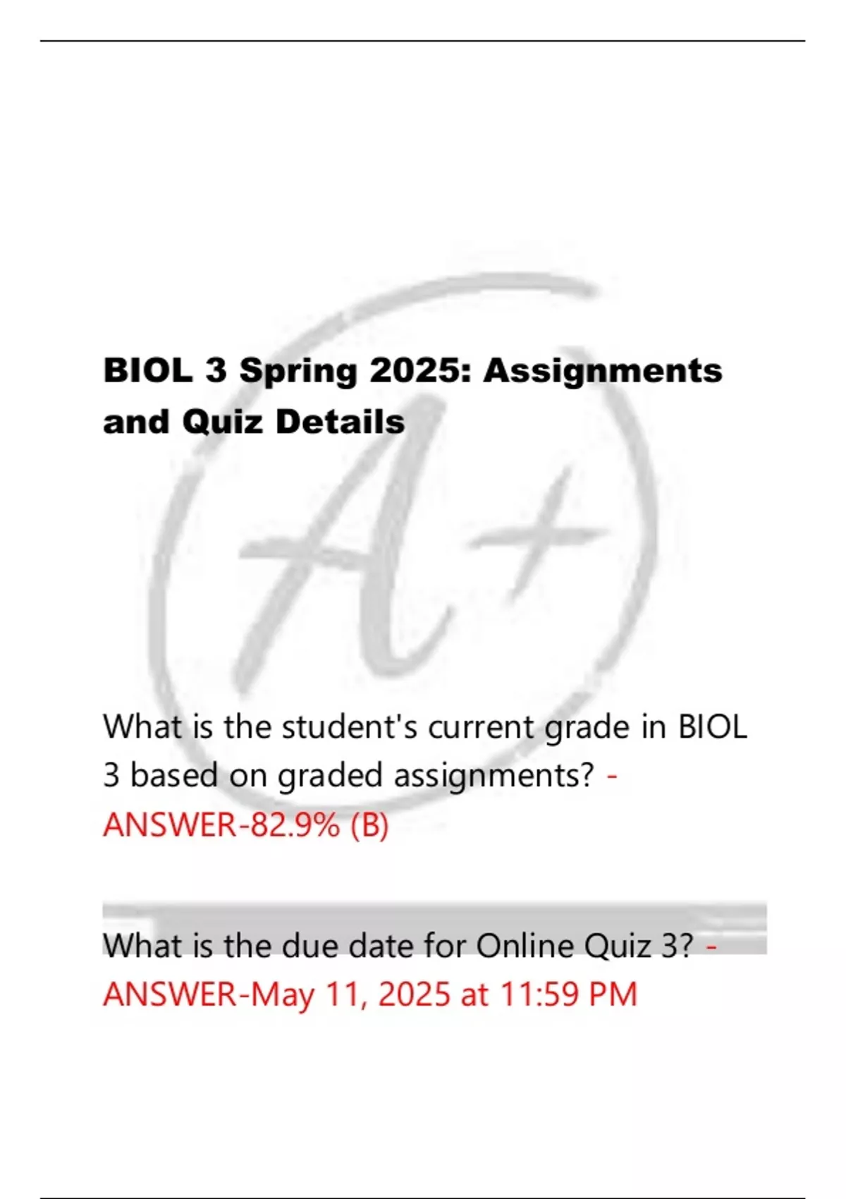 BIOL 3 Spring 2025: Assignments and Quiz Details - BIOL 3 Spring 2025: Aetails - Stuvia US