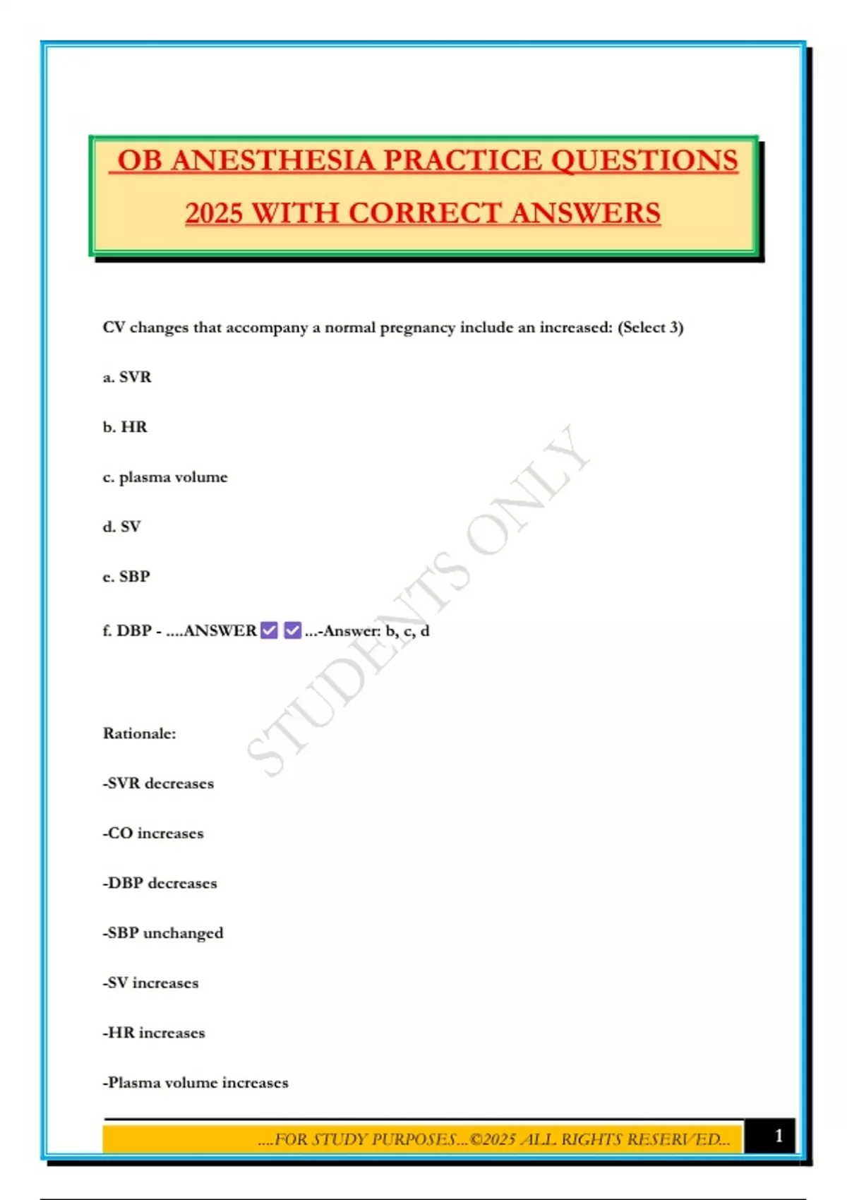 OB ANESTHESIA PRACTICE QUESTIONS 2025 WITH CORRECT ANSWERS - Anesthesia ...
