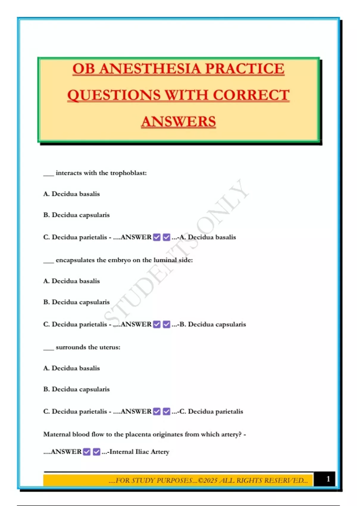 OB ANESTHESIA PRACTICE QUESTIONS WITH CORRECT ANSWERS - Anesthesia ...