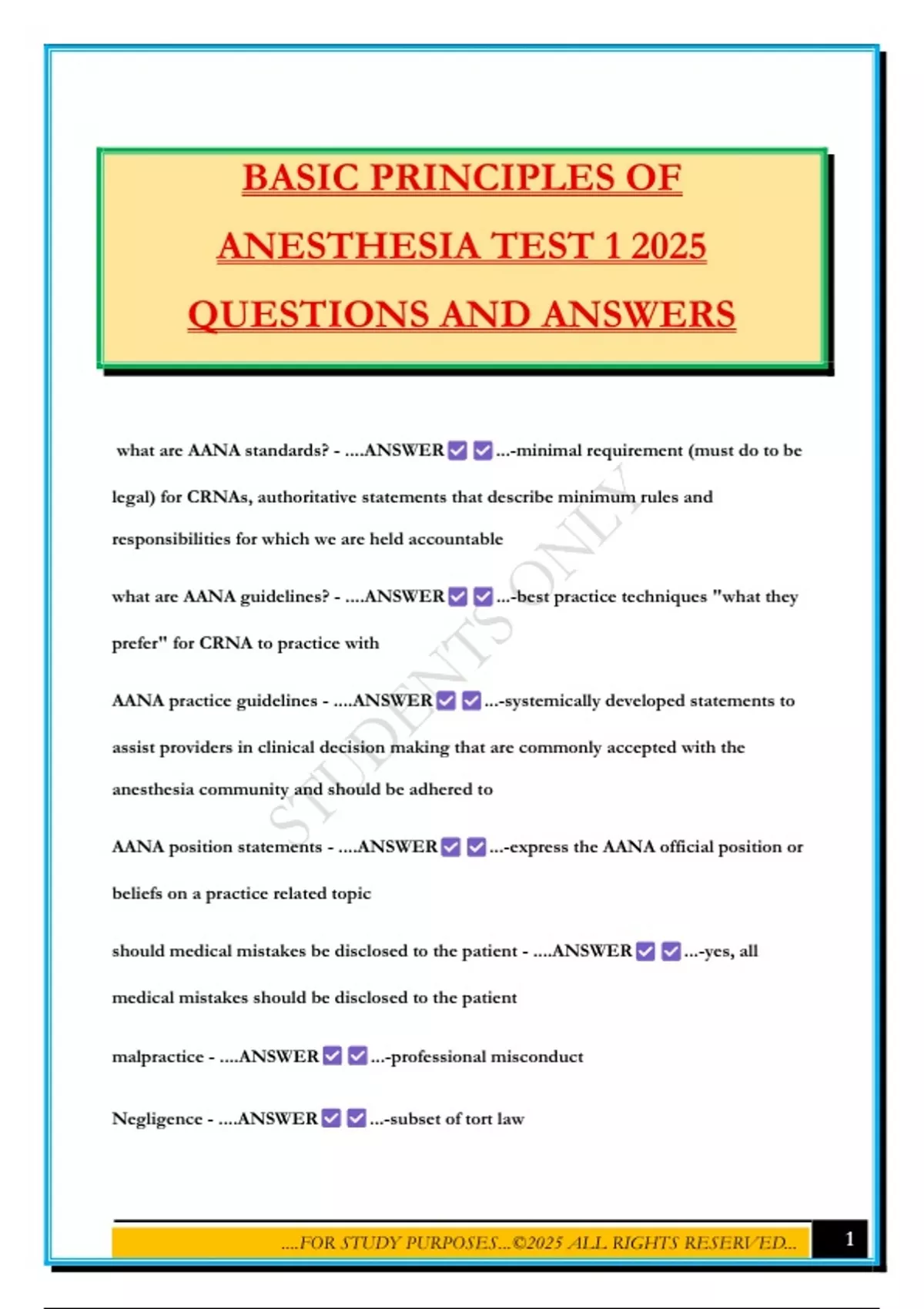 BASIC PRINCIPLES OF ANESTHESIA TEST 1 2025 QUESTIONS AND ANSWERS ...
