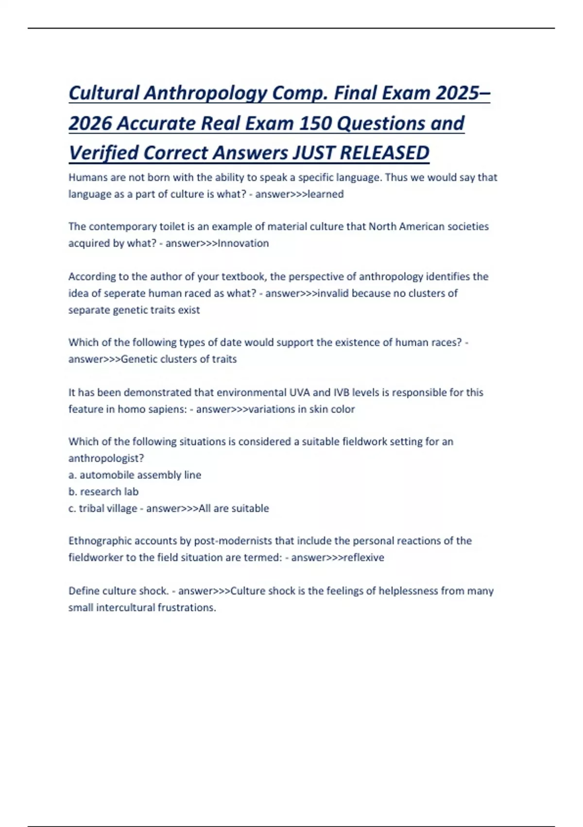 Cultural Anthropology Comp. Final Exam 2025–2026 Anthropological Theory ...