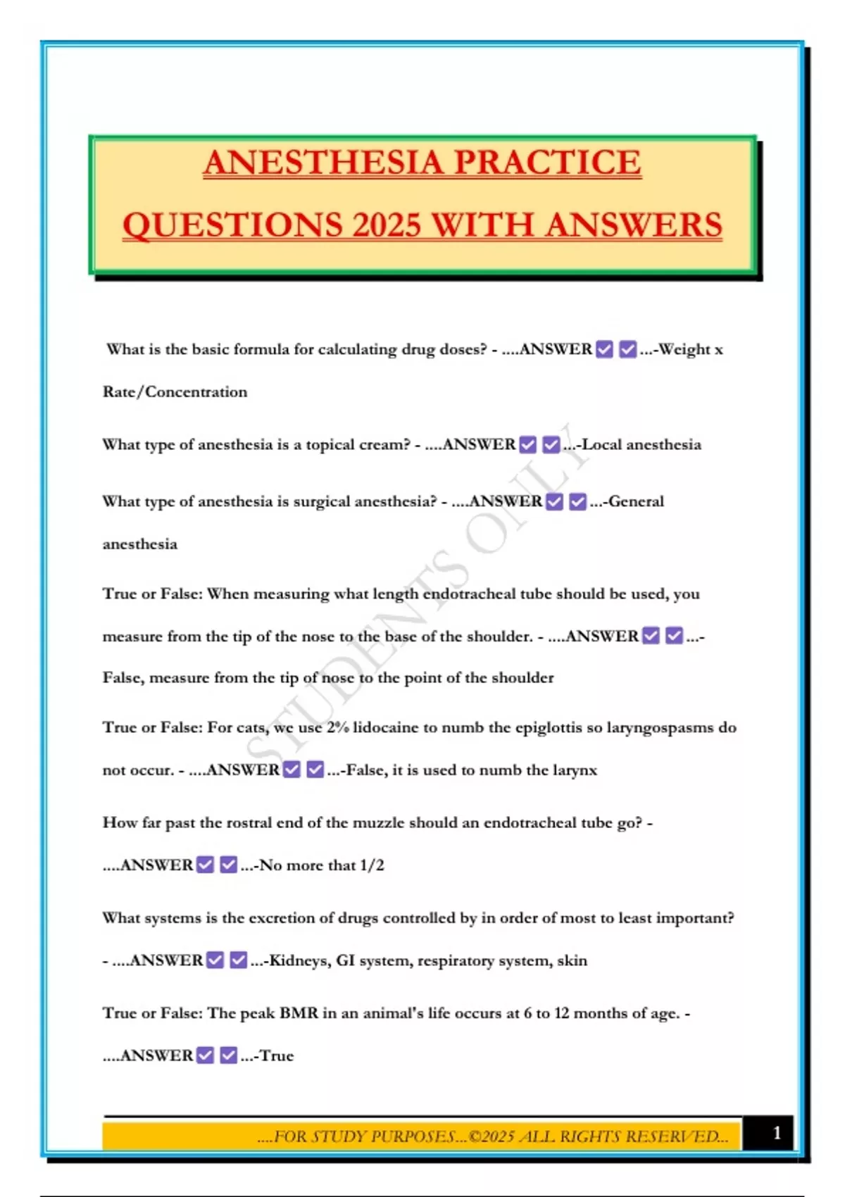 ANESTHESIA PRACTICE QUESTIONS 2025 WITH ANSWERS - Anesthesia - Stuvia US