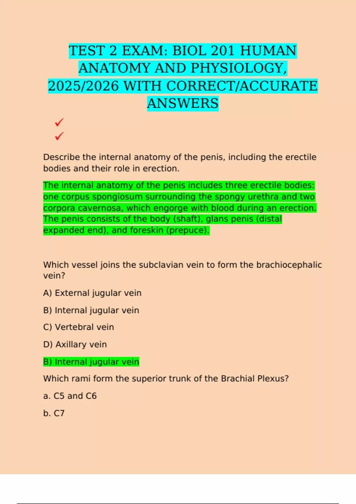 TEST 2 EXAM: BIOL 201 HUMAN ANATOMY AND PHYSIOLOGY, 2025/2026 WITH ...
