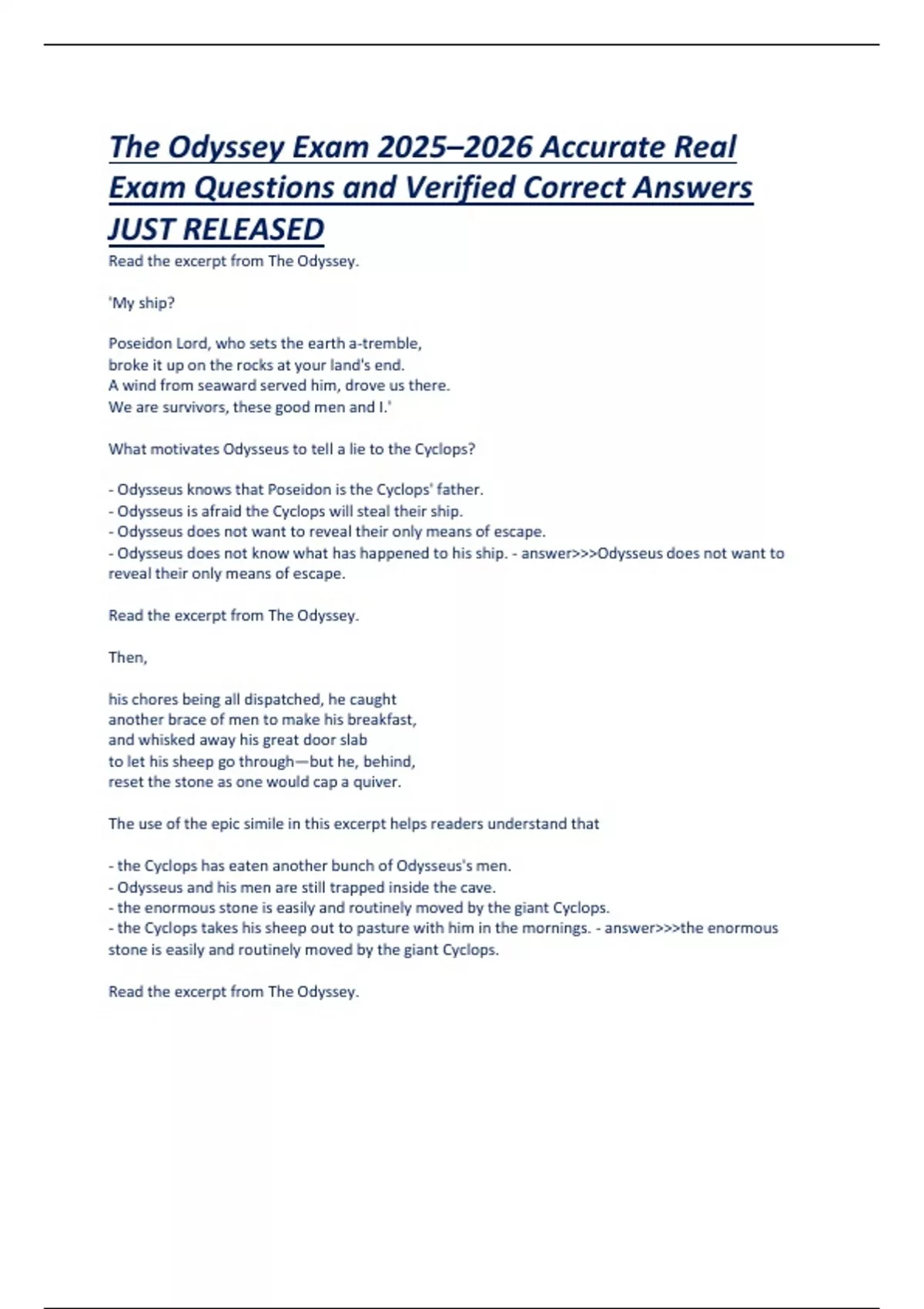 The Odyssey Exam 2025–2026 Literary Analysis and Comprehension Accurate ...