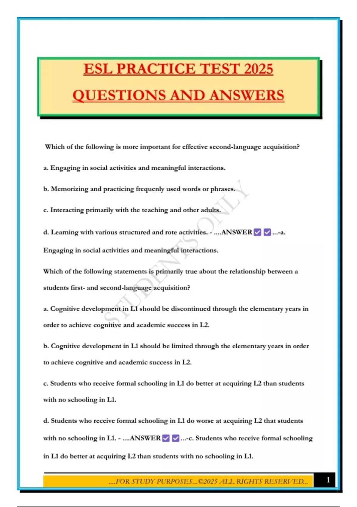 ESL PRACTICE TEST 2025 QUESTIONS AND ANSWERS - ESOL - Stuvia US