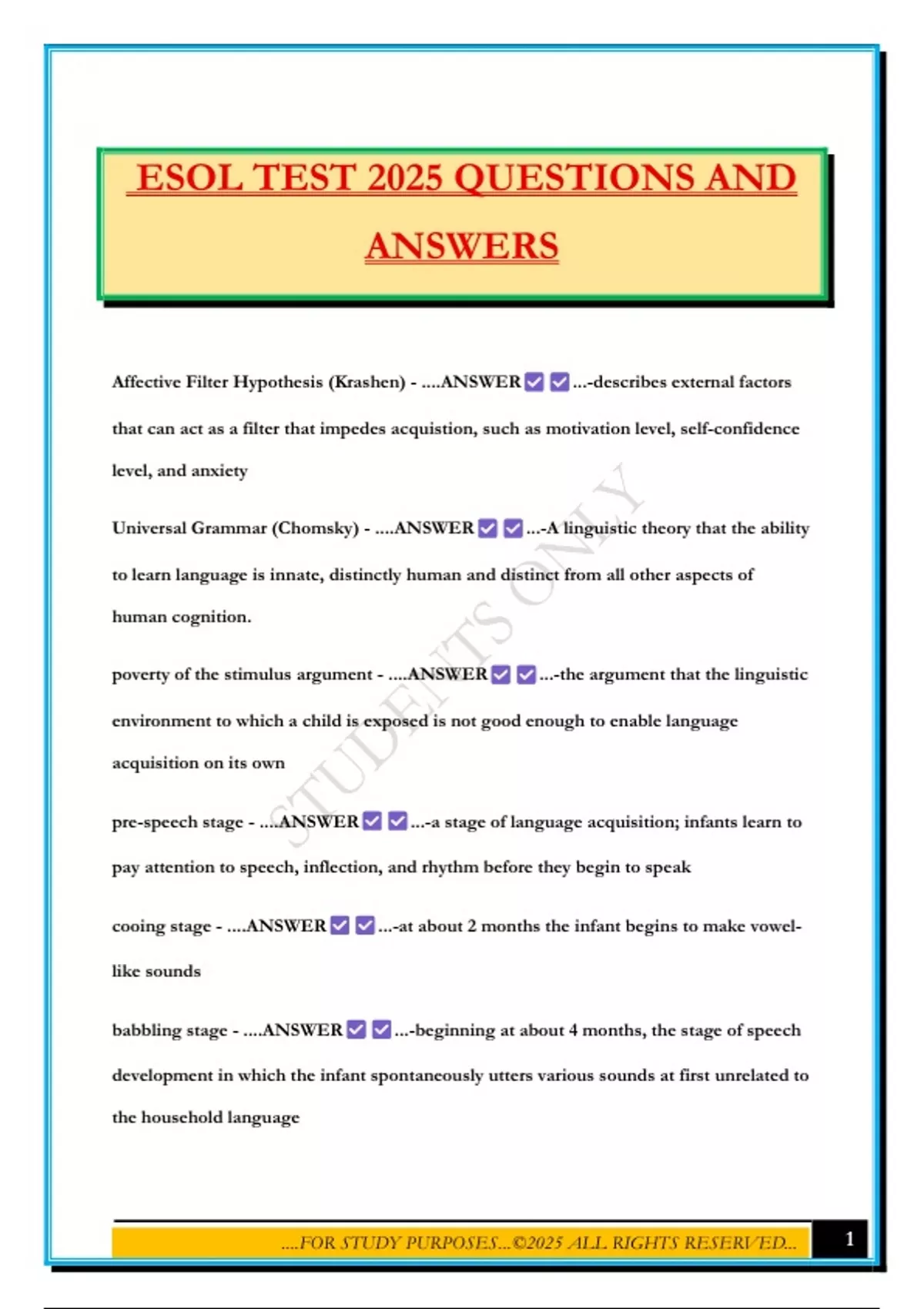 ESOL TEST 2025 QUESTIONS AND ANSWERS - ESOL - Stuvia US